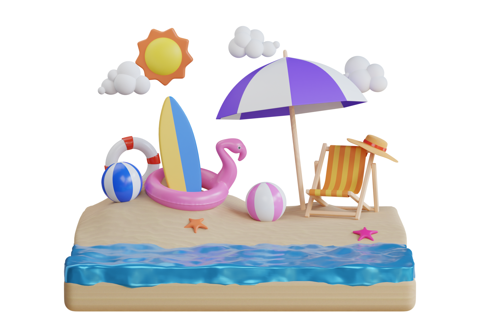 3d Rendering Of Summer Vacation Concept Colorful Beach Elements