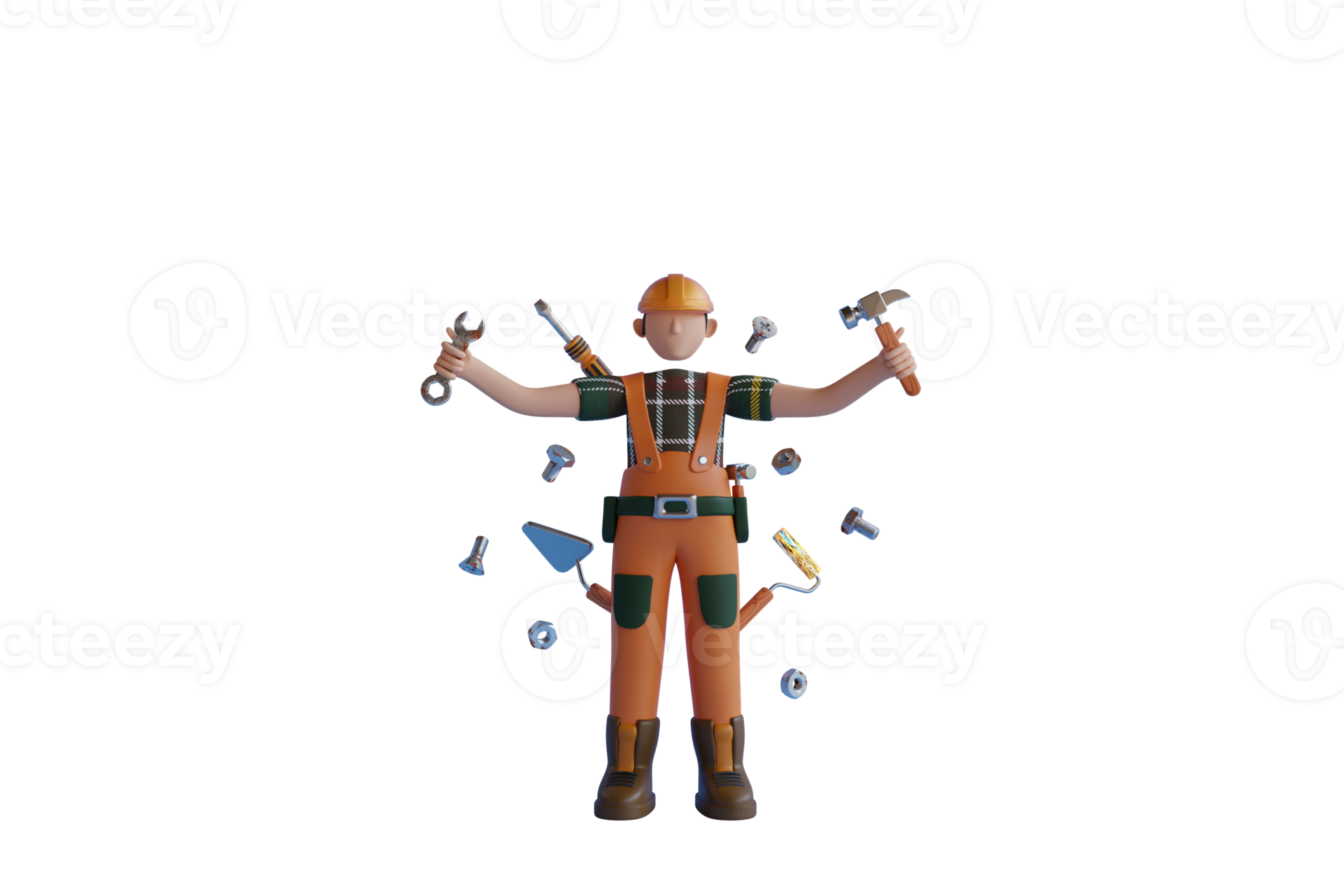 The Handyman. 3D Handyman multitasking with tools. worker or engineer ...