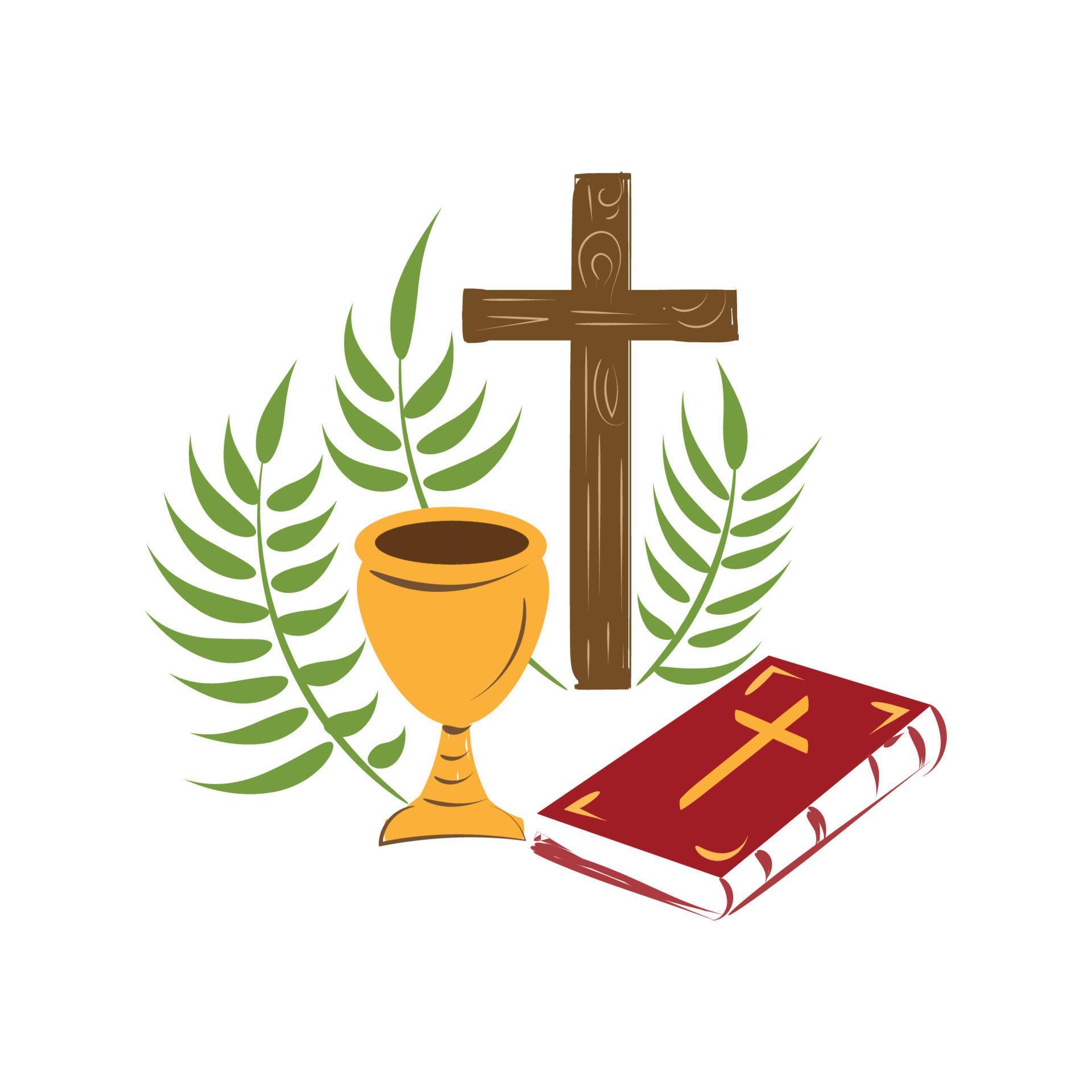 Holy Week. Christian Easter icon symbols. palm branch, cross of Jesus ...
