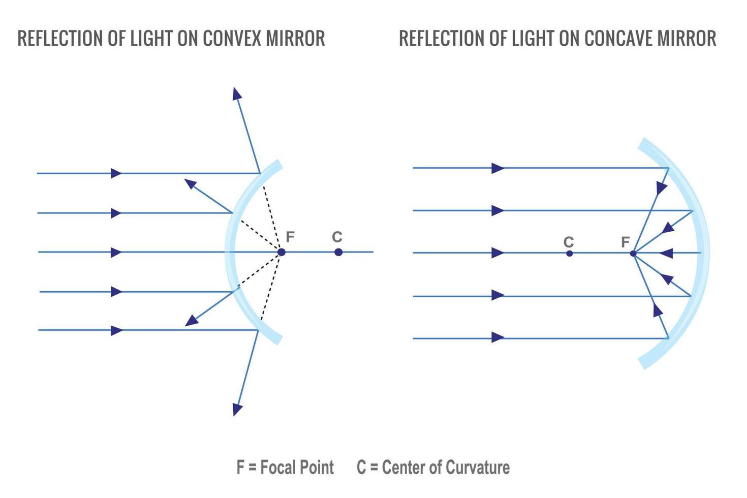 Reflection Of Light On Concave Mirror And Convex Mirror 21669327 Vector Art At Vecteezy