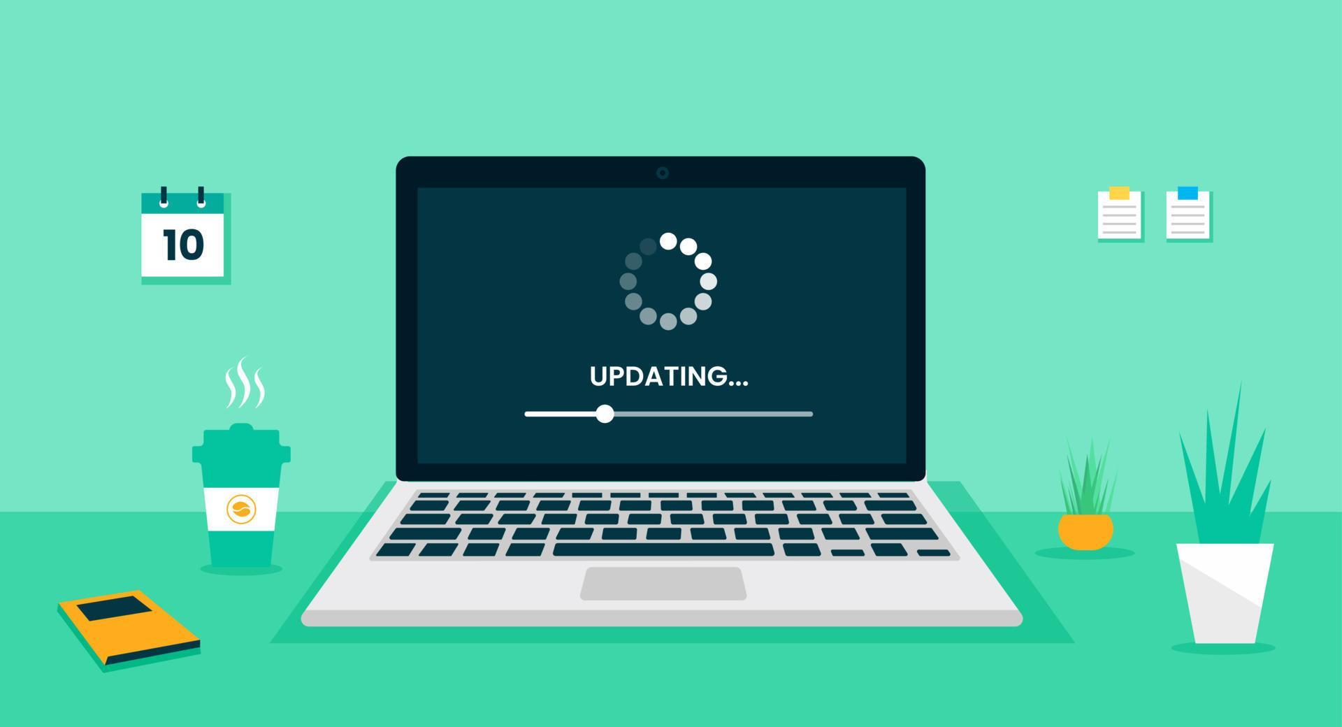 laptop computer desk system software updating or loading process screen ...