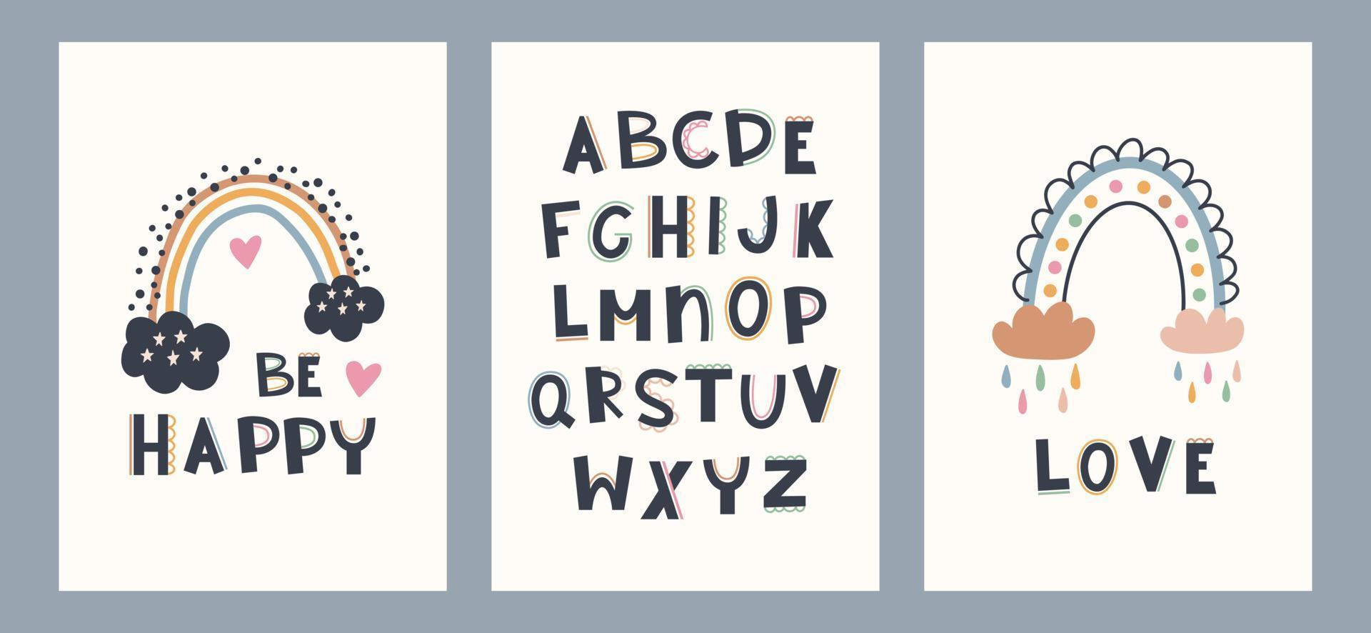 Cute Hand Drawn Posters With Rainbow Education Elements In Boho Style