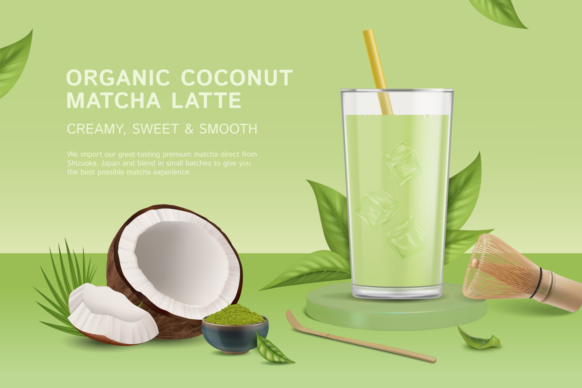 Realistic Detailed 3d Organic Coconut Matcha Latte Ads Banner Concept