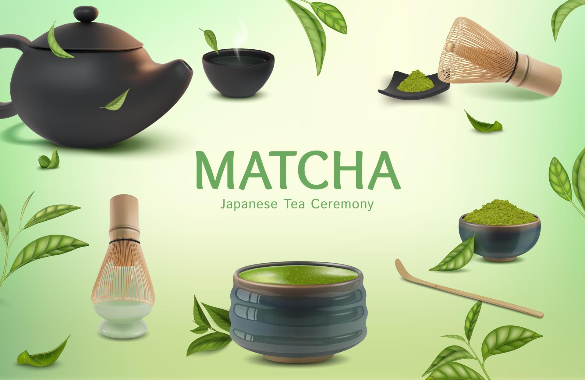 Realistic Detailed 3d Matcha Japanese Tea Ceremony Powder Ads Banner