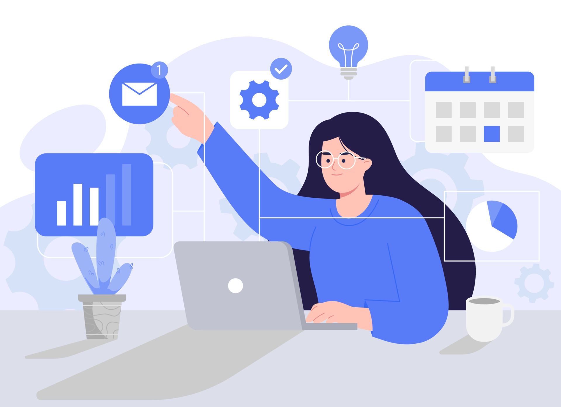 Female with multitasking. Time management and productivity concept ...