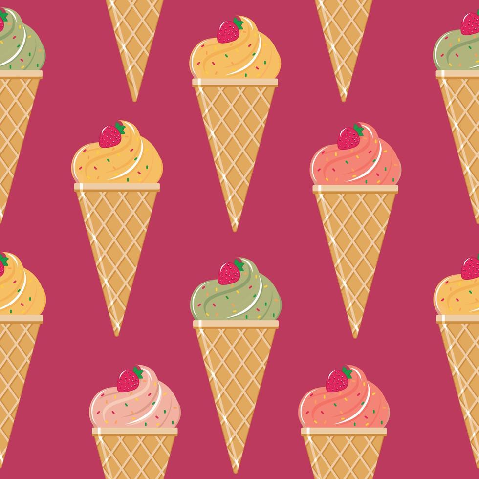 Seamless Pattern Of Ice Cream In A Waffle Cone Vector Illustration