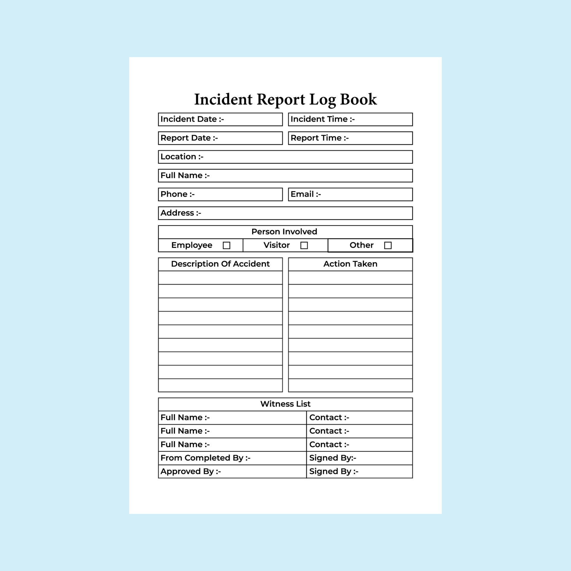 Incident Report Notebook Interior Incident Information Tracker And