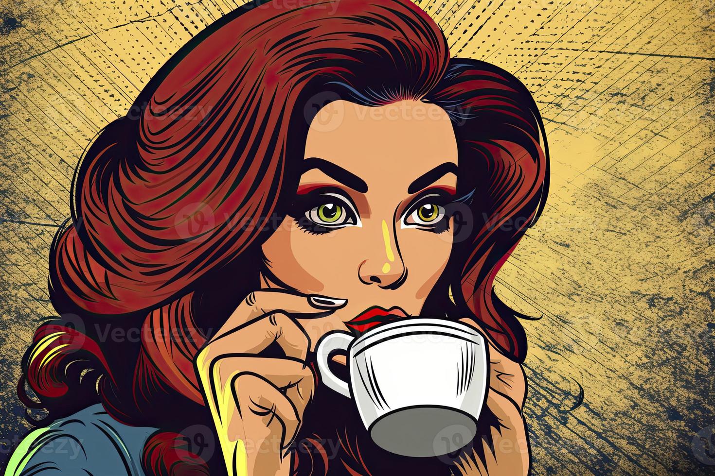 Pop Art Woman With Coffee Cup Advertising Poster In Comic Style