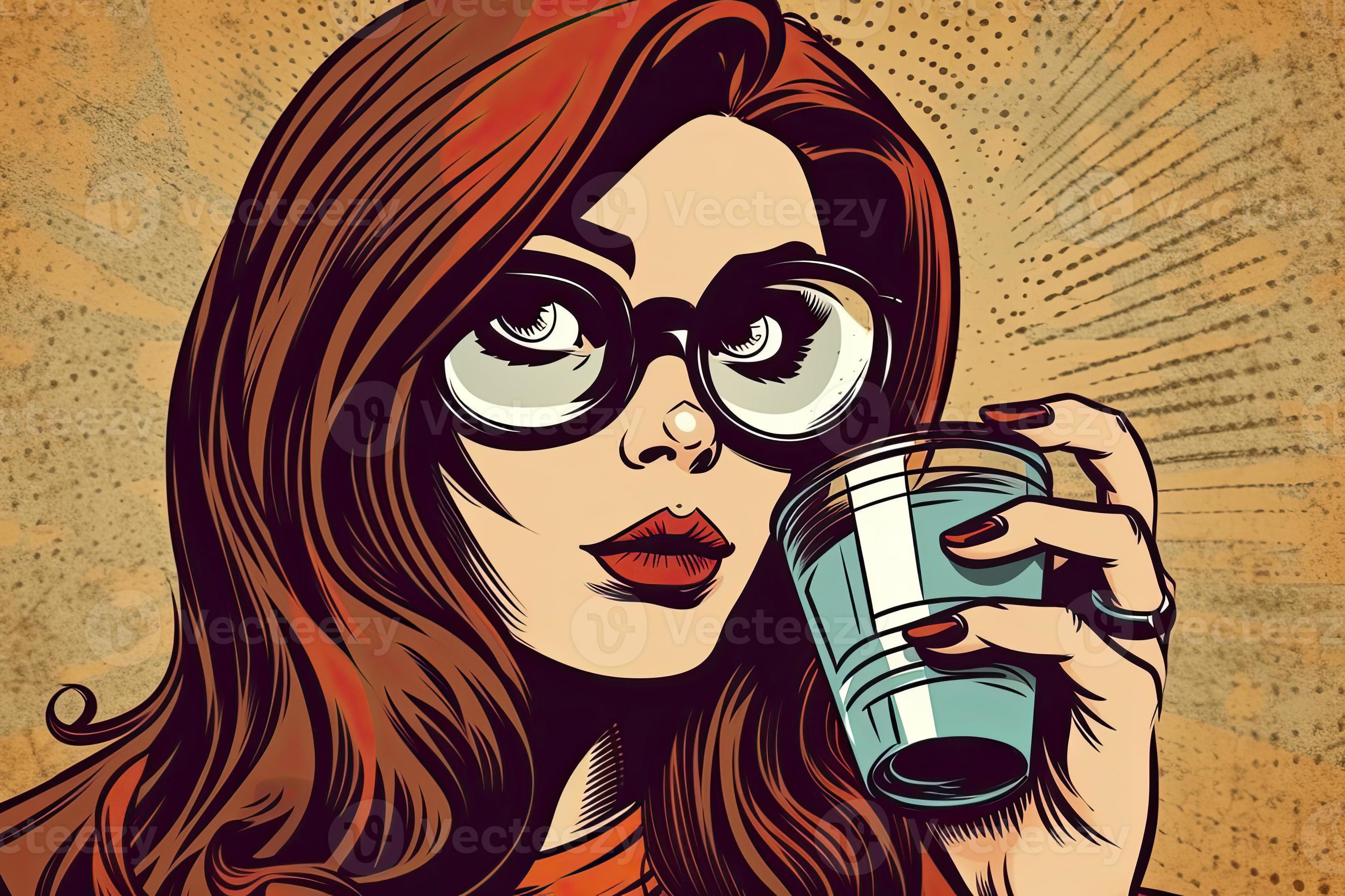 Pop Art Woman With Coffee Cup Advertising Poster In Comic Style