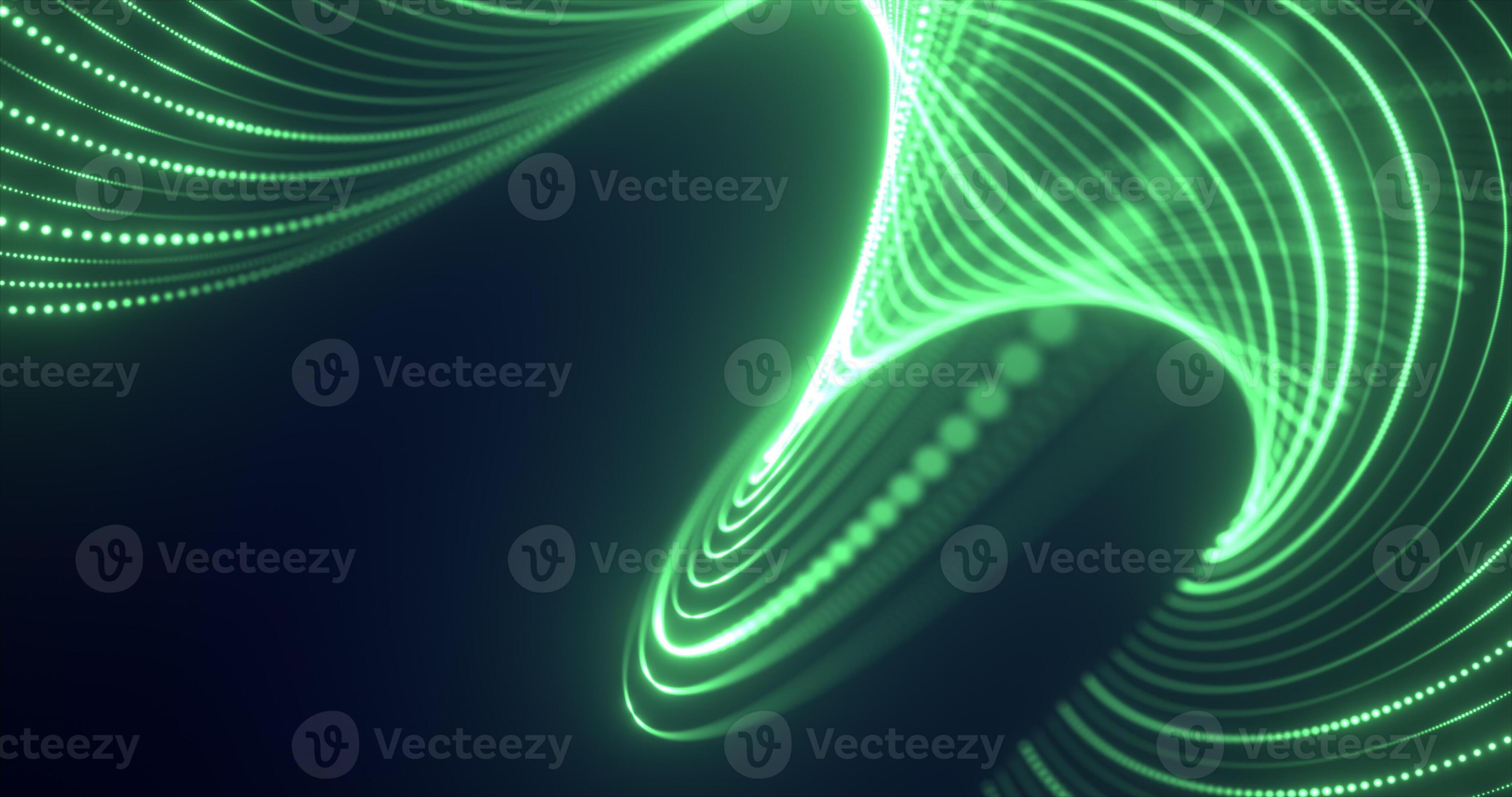 Abstract green waves from lines and dots particles of glowing swirling futuristic hi-tech with ...