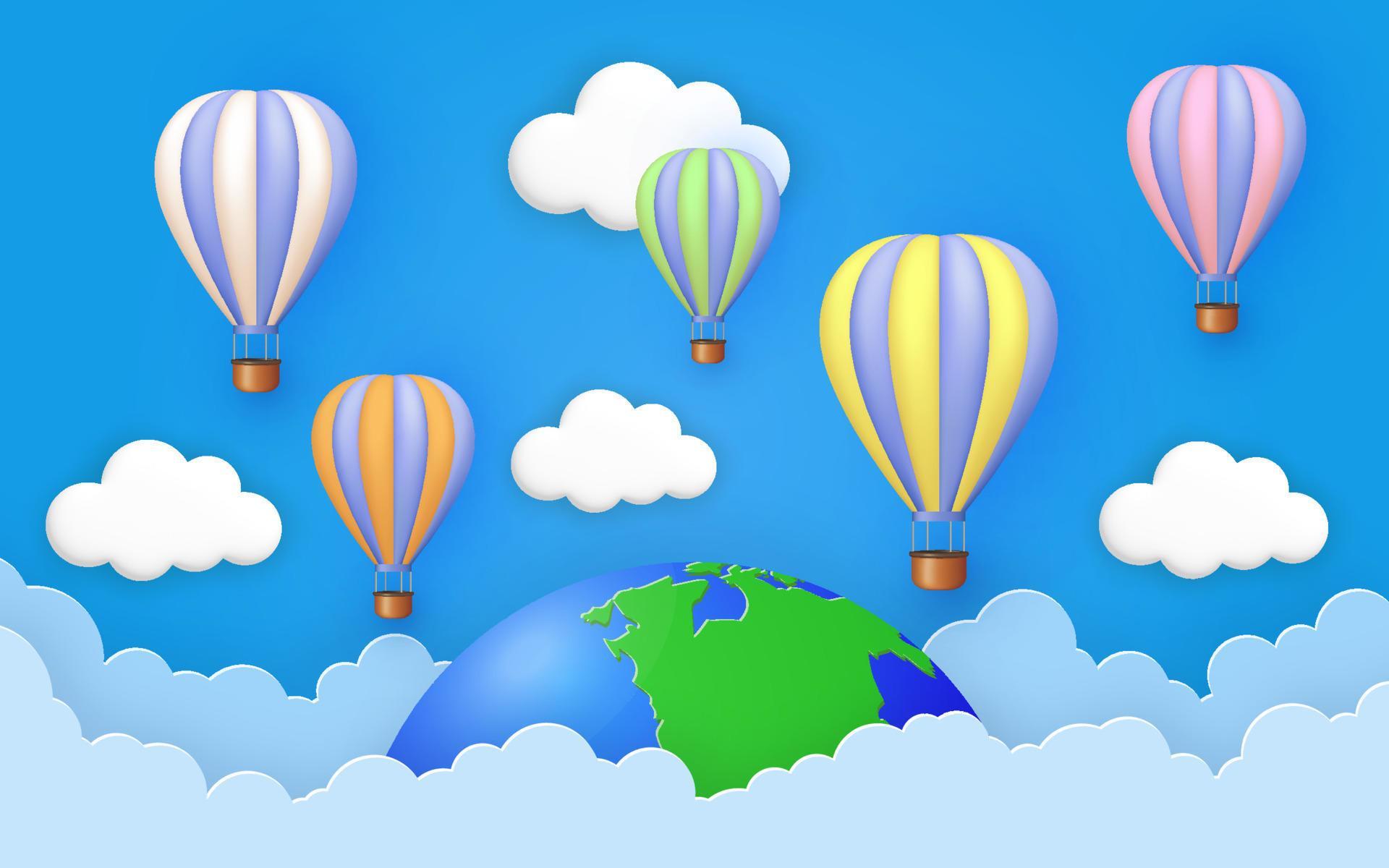 Cute blue sky background with paper cut clouds and 3d colorful hot air balloons flying over ...