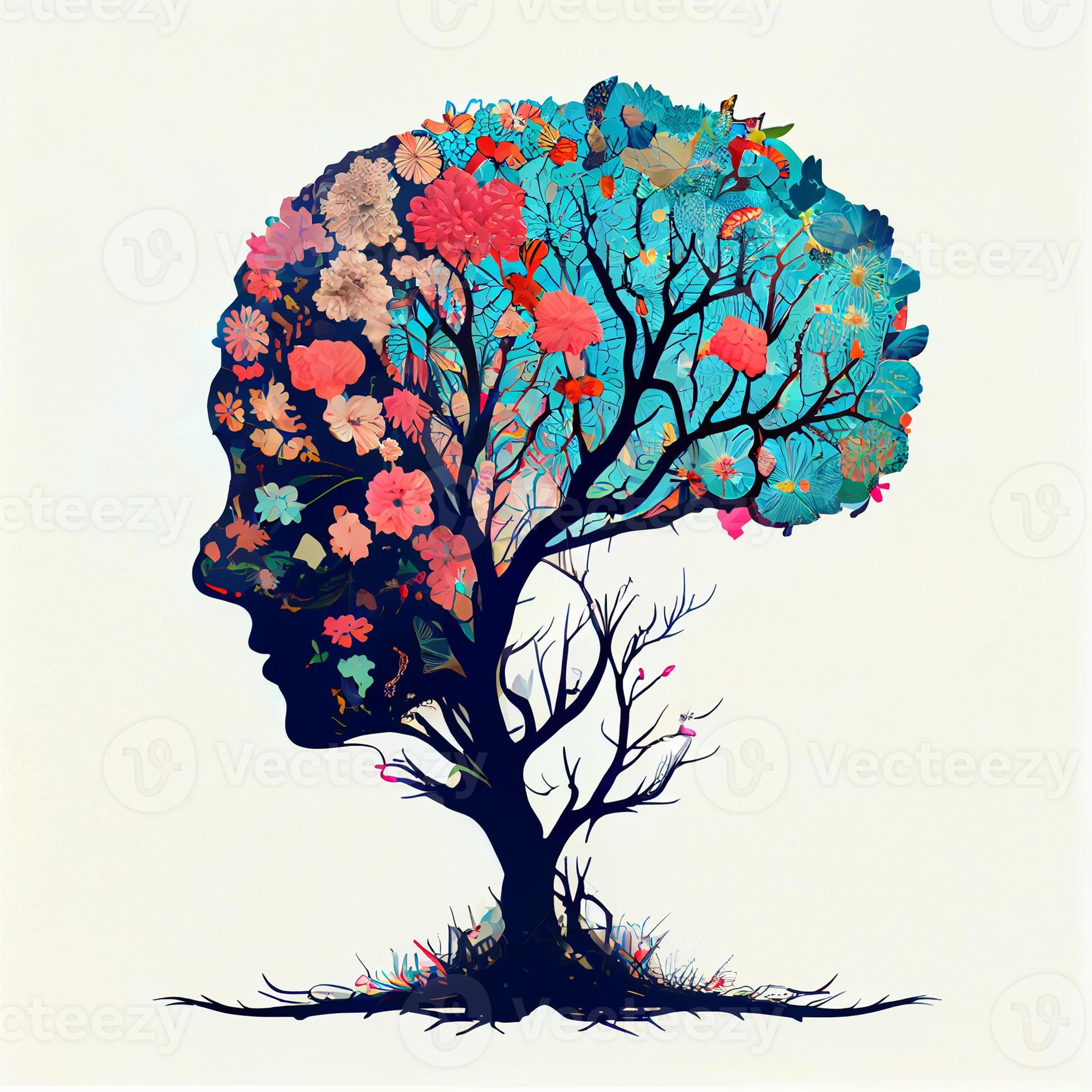 Human brain tree with flowers and butterflies, concept of self care, mind, ideas, creativity ...