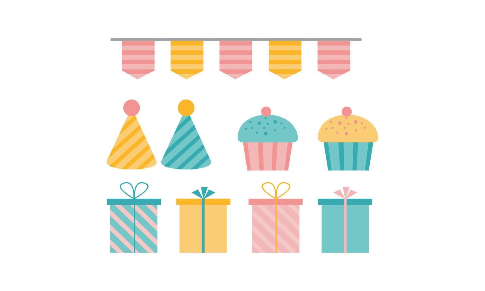 Set of birthday party design elements. Colorful balloons, flags ...