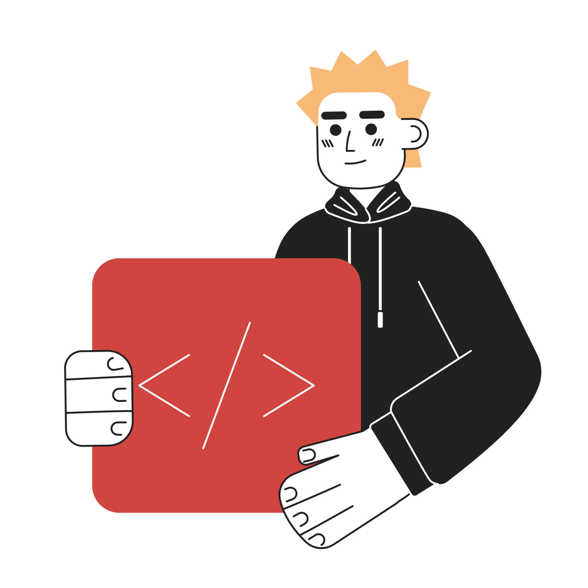 Computer Coder Job Line Concept Vector Spot Illustration Editable 2d Flat Cartoon Character On