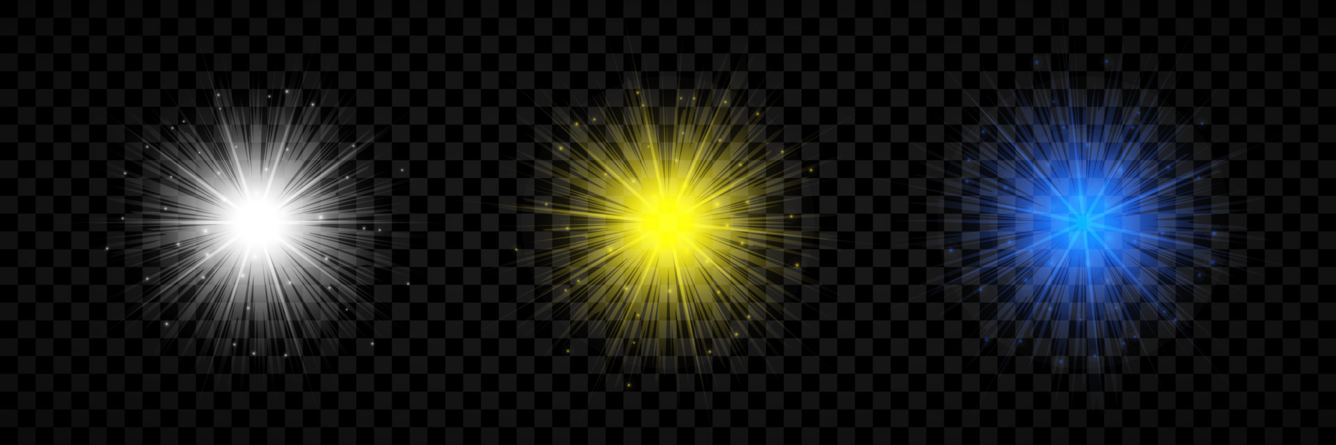 Light effect of lens flares. Set of three white, yellow and blue glowing lights starburst ...