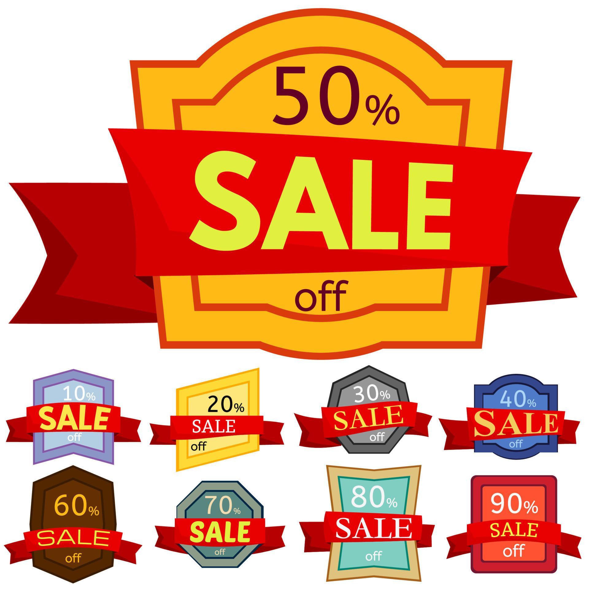 Set of different nine discount stickers. Colorful badges with red ribbon for sale 10 - 90 ...