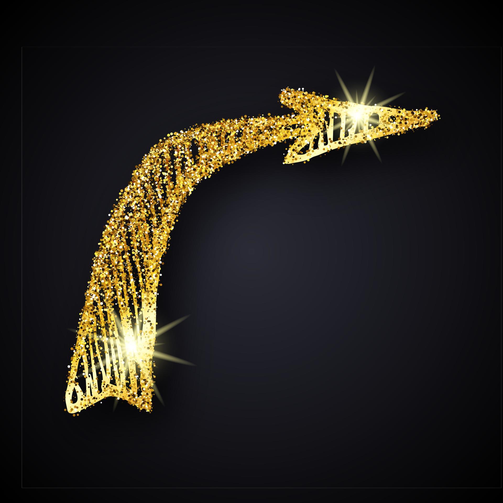 Gold glitter hand drawn arrow. Doodle arrow with gold glitter effect on dark background. Vector ...