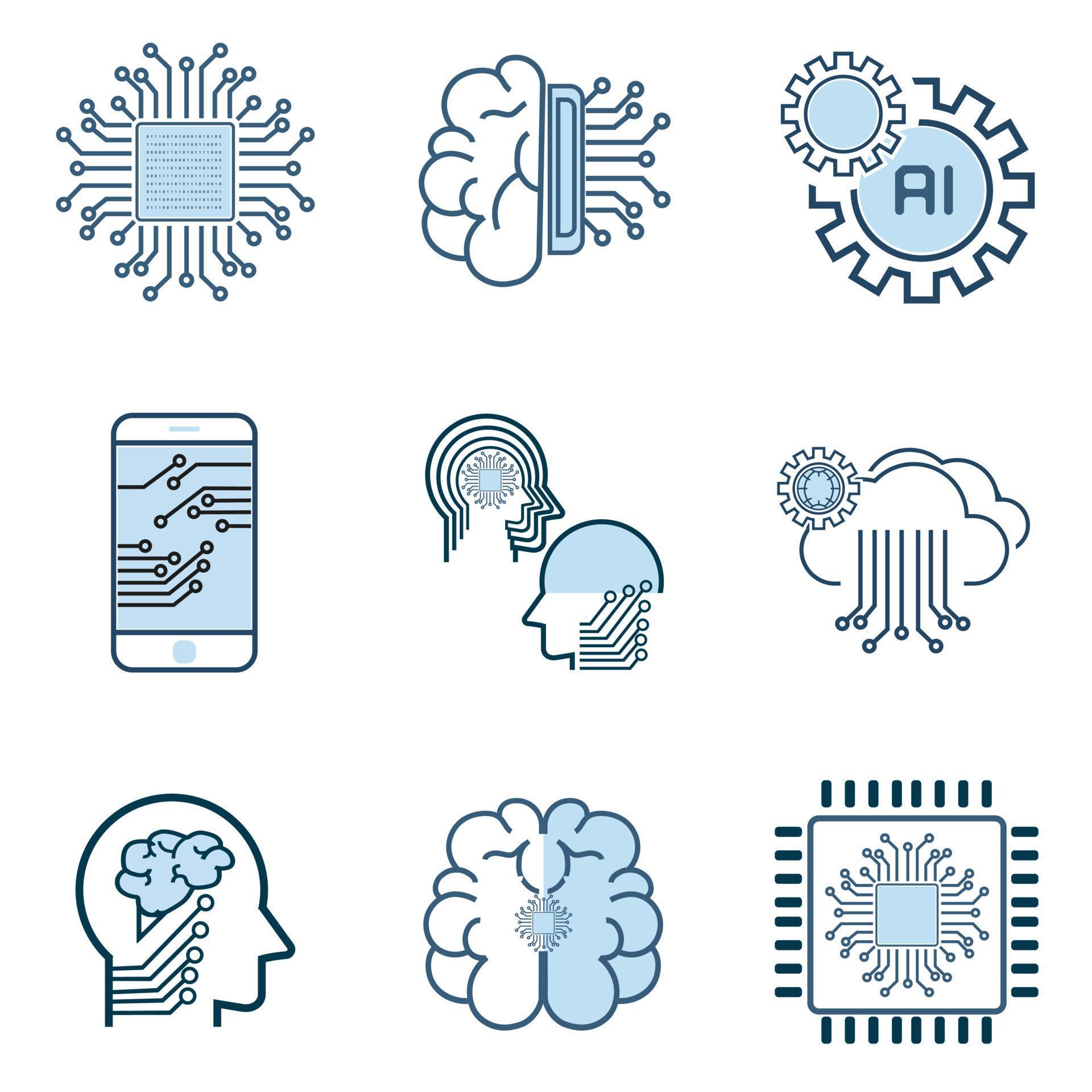 Set of Artificial Intelligence Vector Line Icons, Face Recognition, Android, Humanoid Robot ...