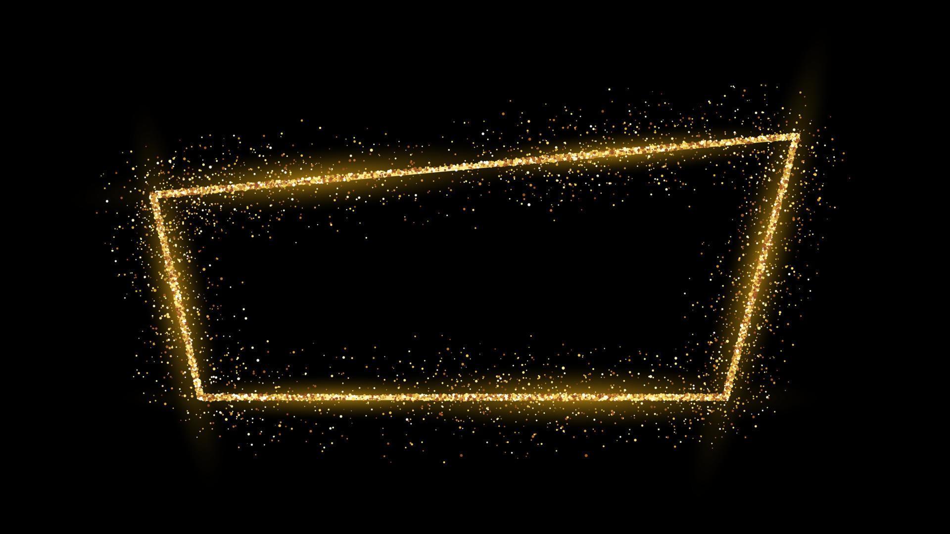 Golden frame with glitter, sparkles and flares on dark background. Empty luxury backdrop. Vector ...