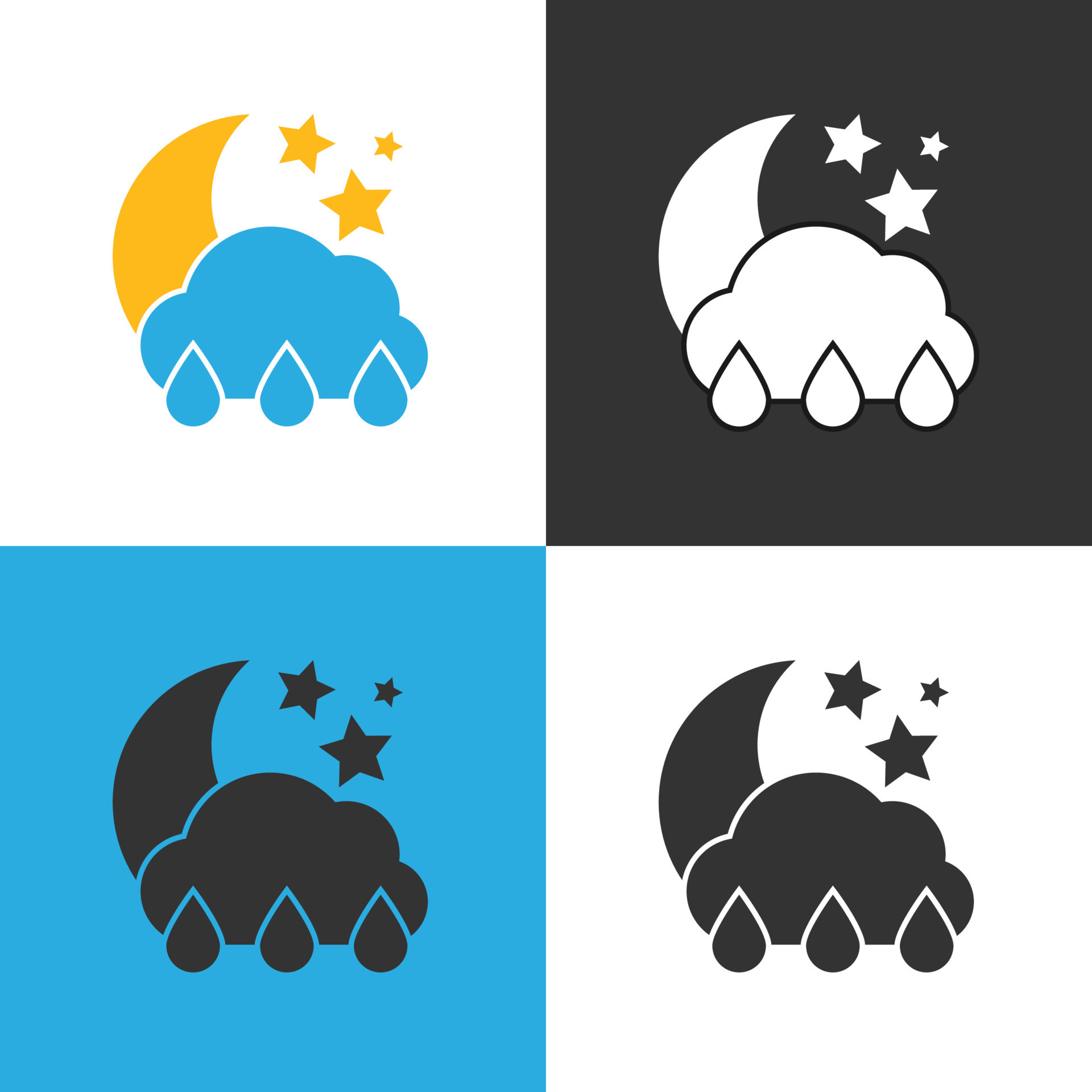 Night rain Icon. Set of four Night rain icon on different backgrounds ... Night rain Icon. Set of four Night rain icon on different backgrounds ...