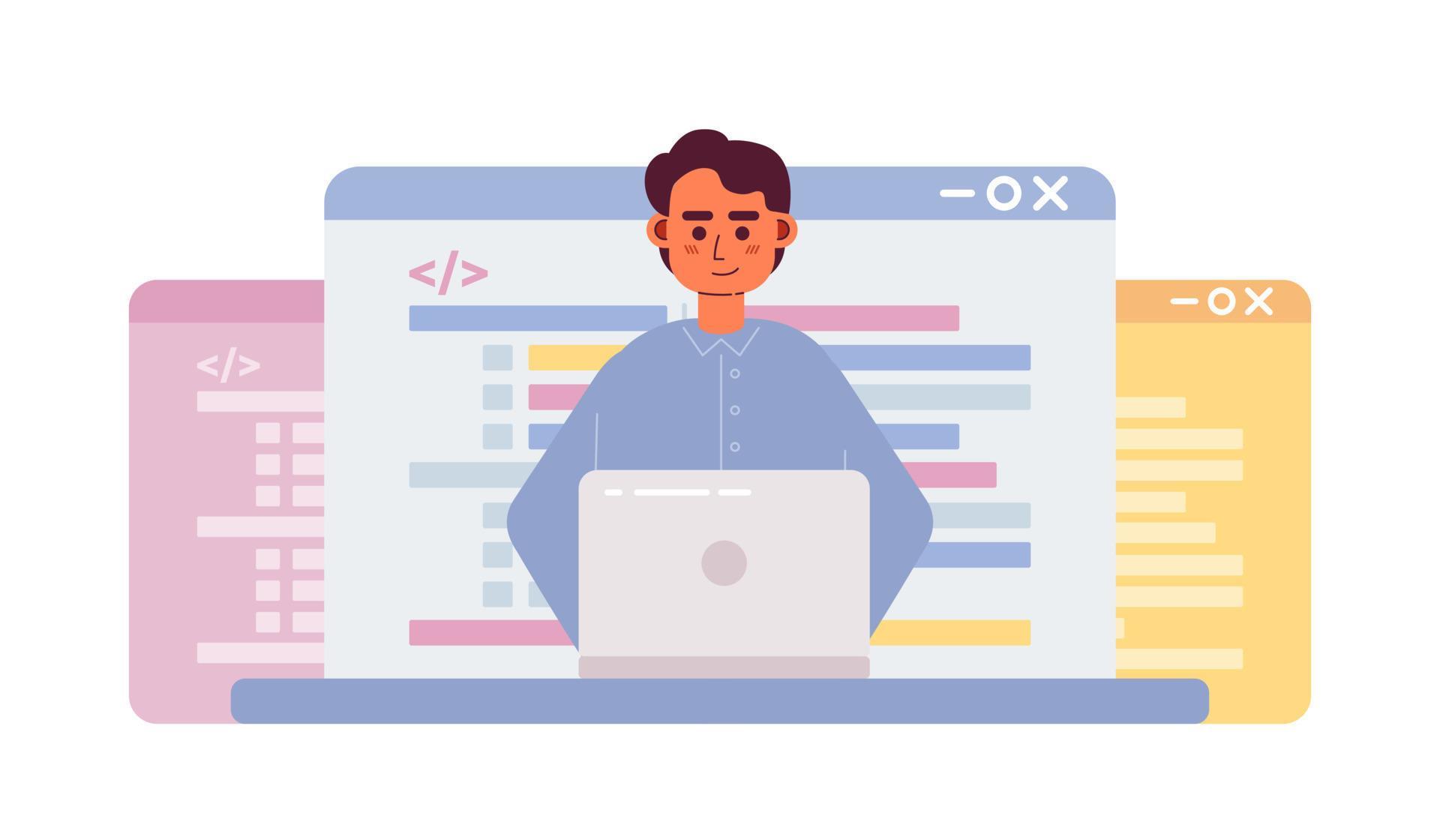 Coding career flat concept vector spot illustration. Programmer. Editable 2D cartoon character ...