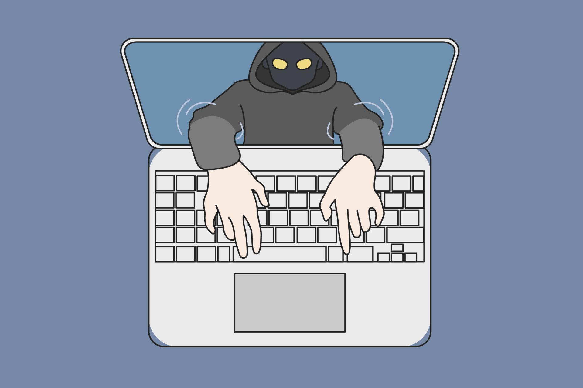 Thief In Mask Hands Come Out Of Laptop Screen Provide Illegal Phishing Activity On Internet