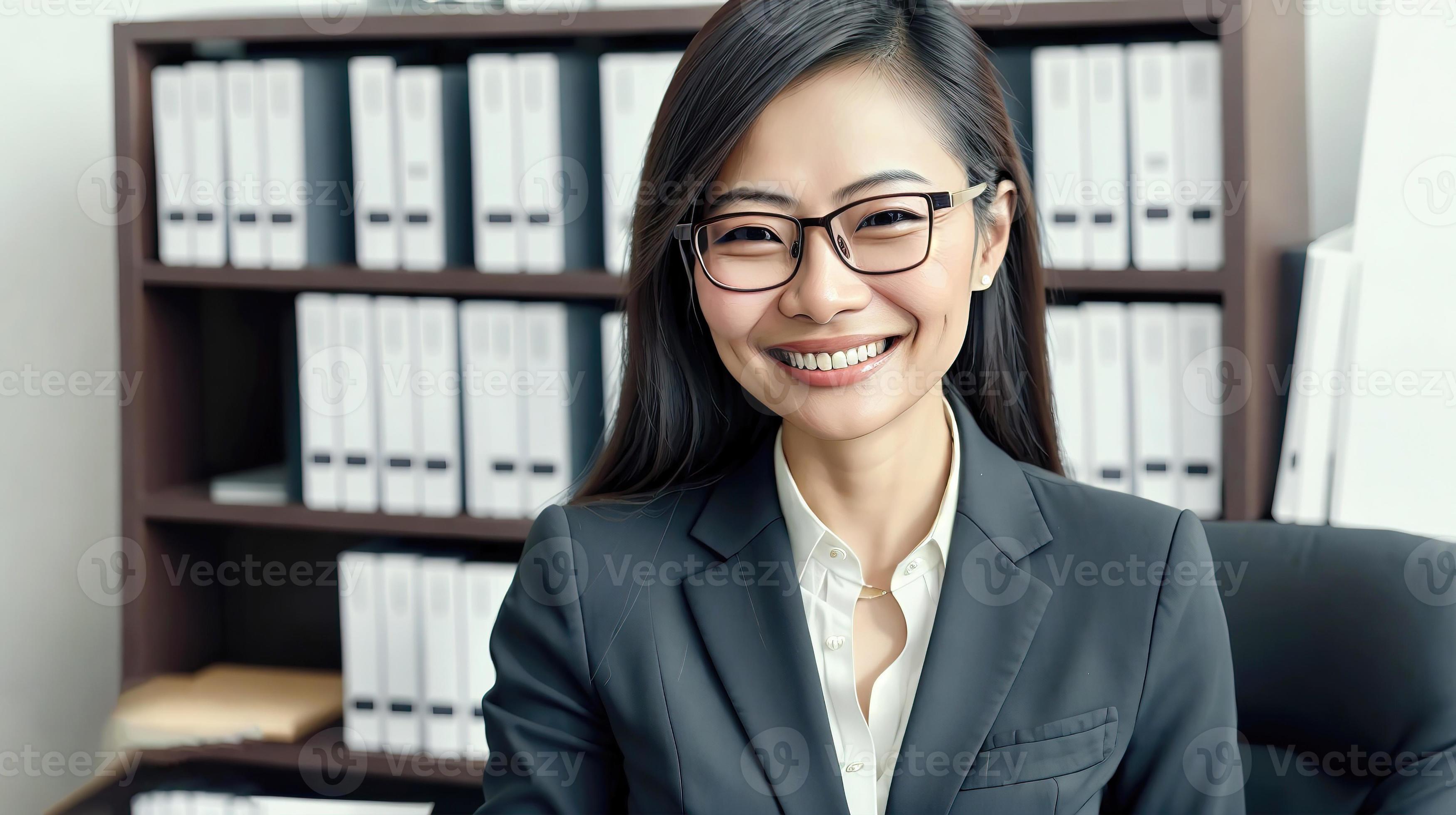 Portrait Asian Confident Short Hair Wearing Glasses Woman In Suit In The Office Generative Art