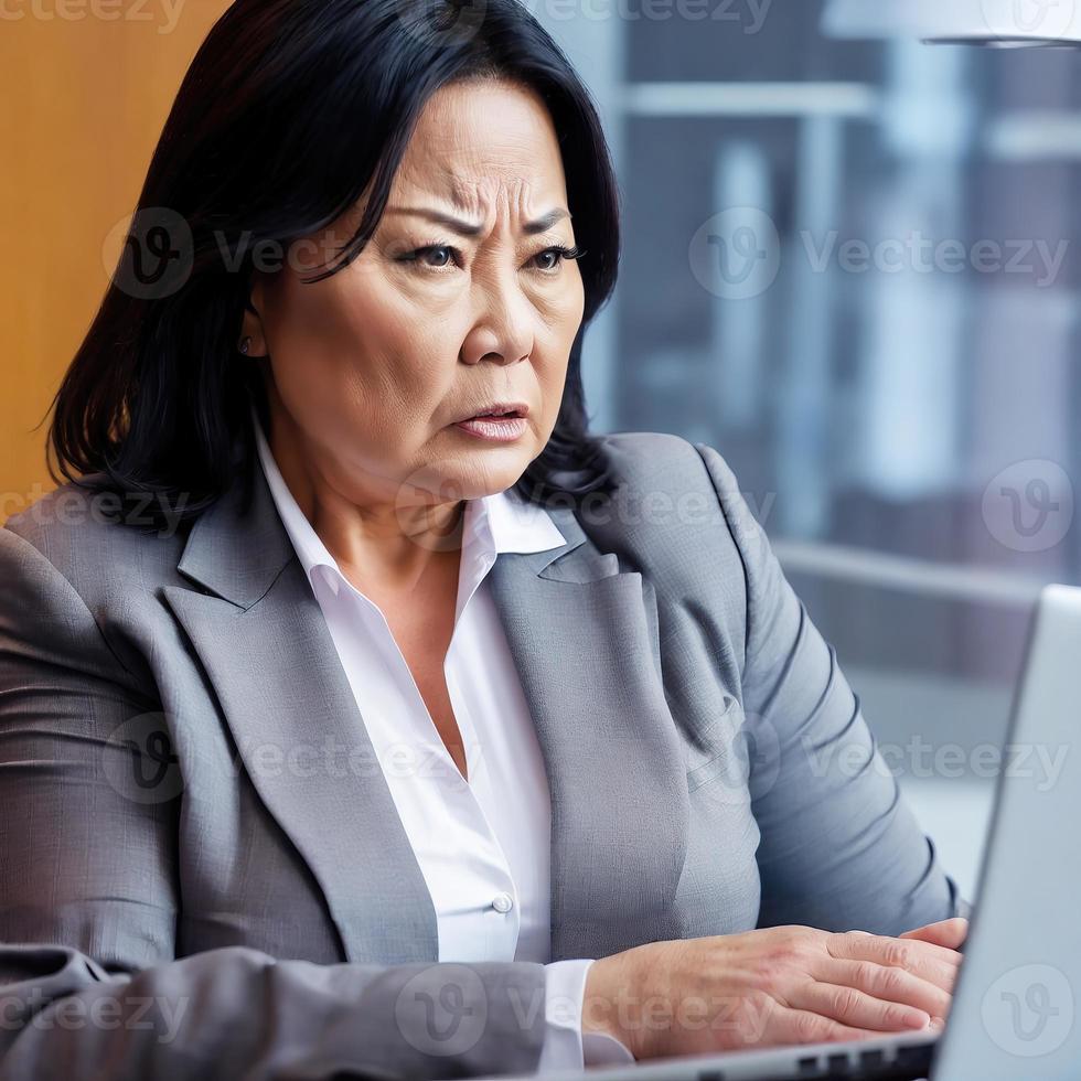 Overweight Middle Aged Asian Woman Feeling Stress About The Problem At The Office Generative