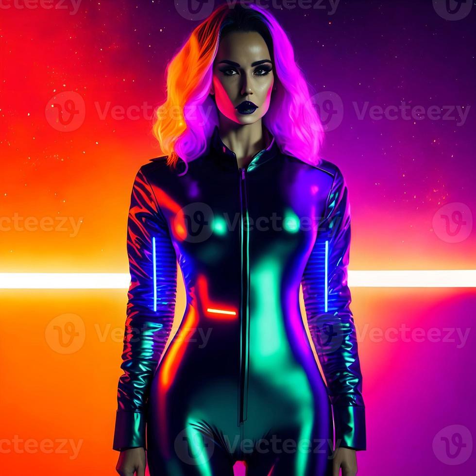 Cyberpunk Future Woman In Rubber Latex Suit With Neon Light Generative
