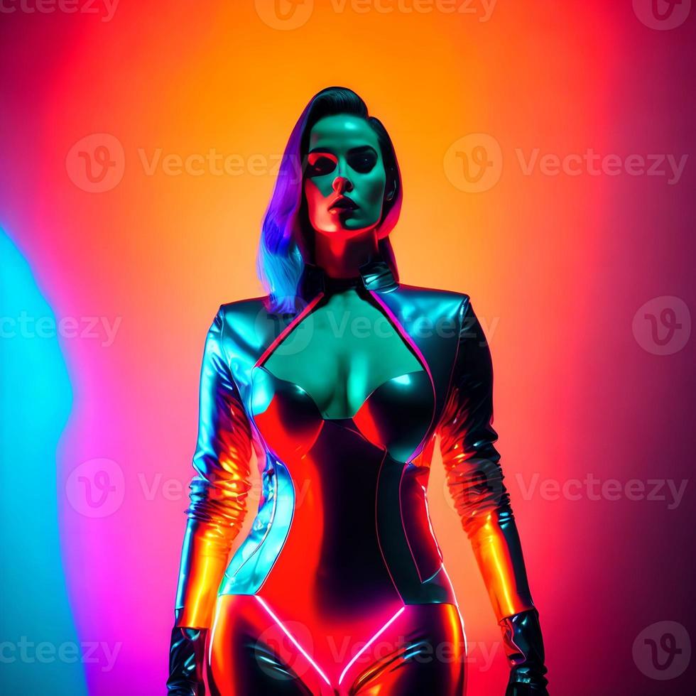 Cyberpunk Future Woman In Rubber Latex Suit With Neon Light Generative