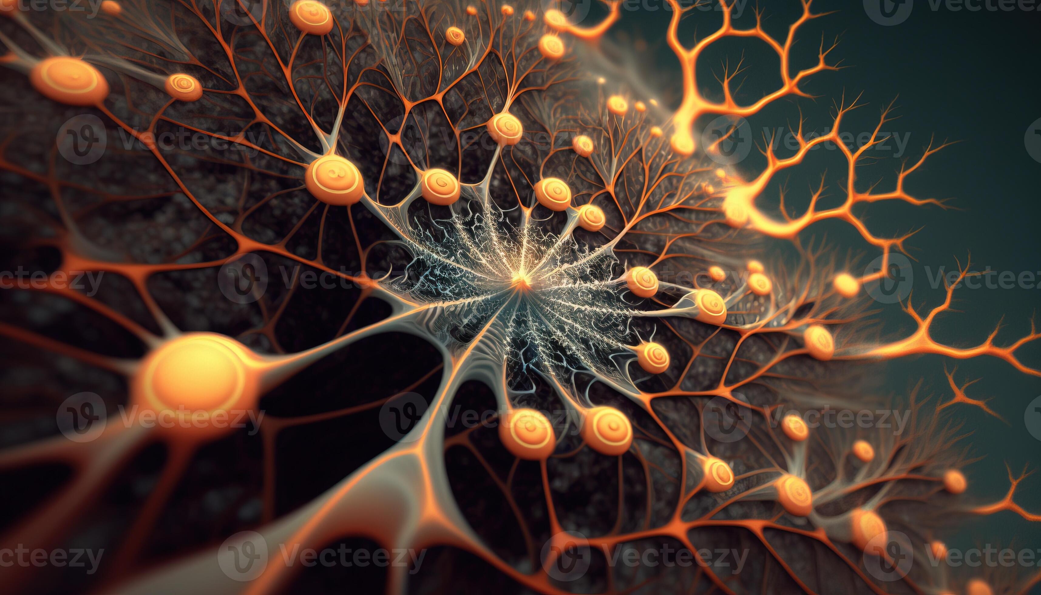 Conceptual Illustration Of Neuron Cells With Glowing Link Knots In Abstract Dark Space High