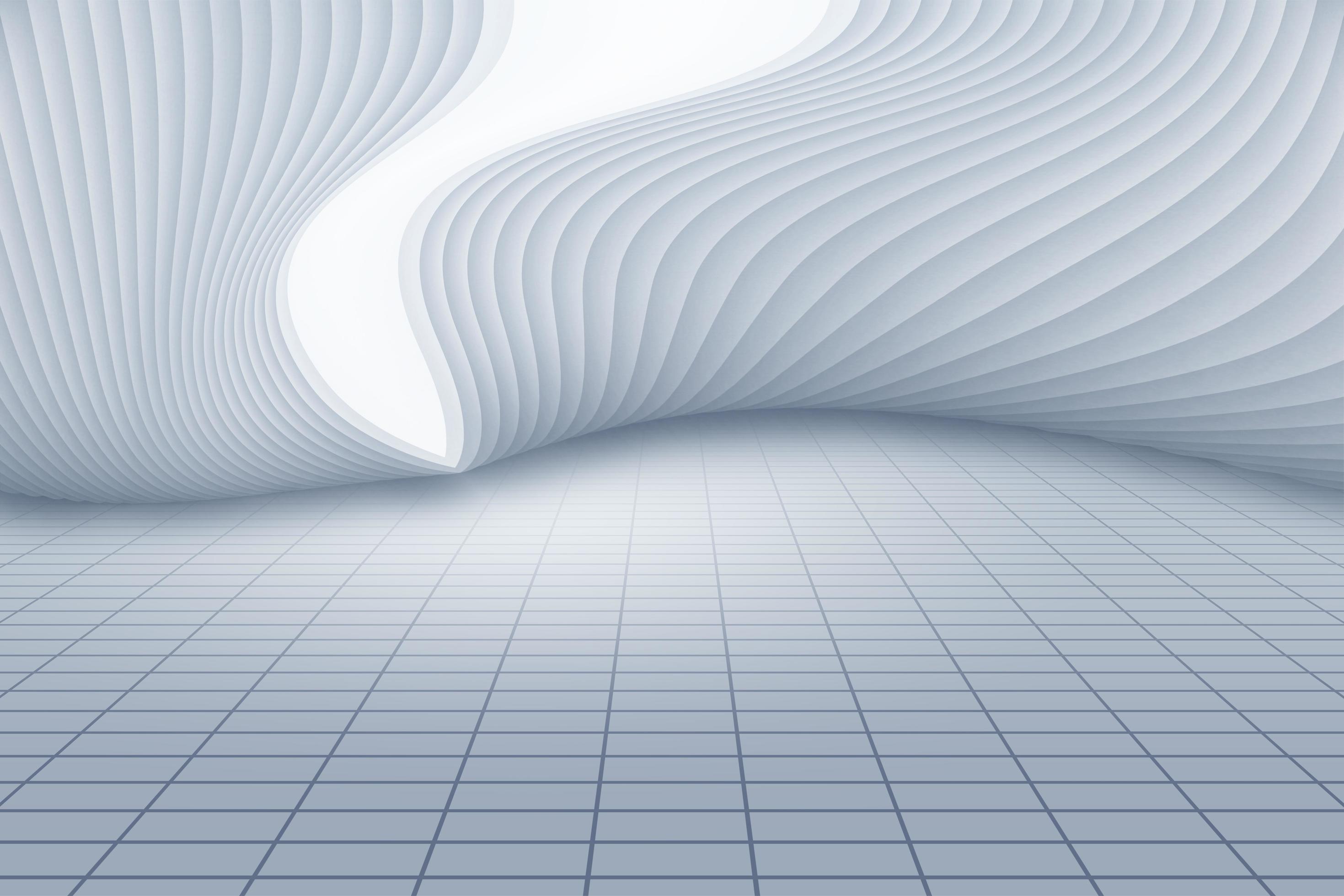 Grey and white curved abstract building with longitudinal ground background 3D rendering ...