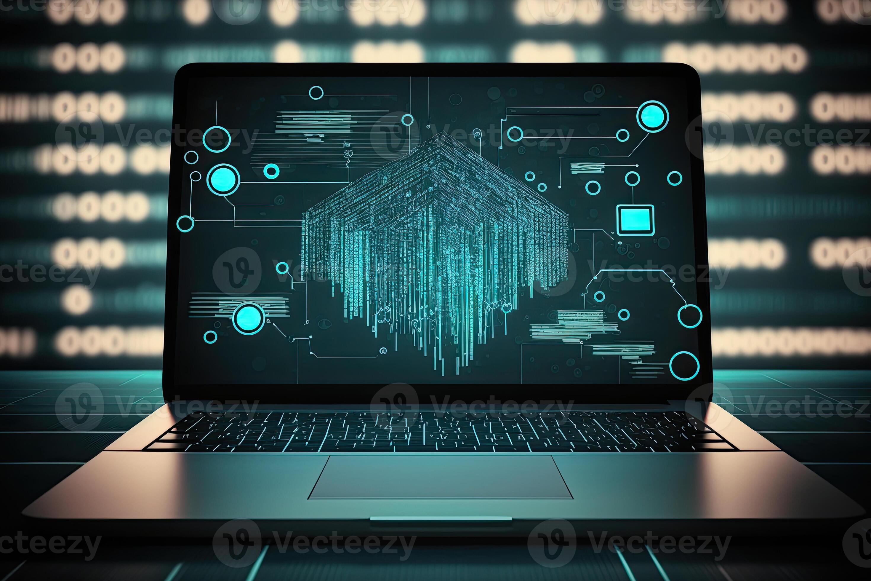 Digital data and network connection on laptop screen. Big data analysis ...