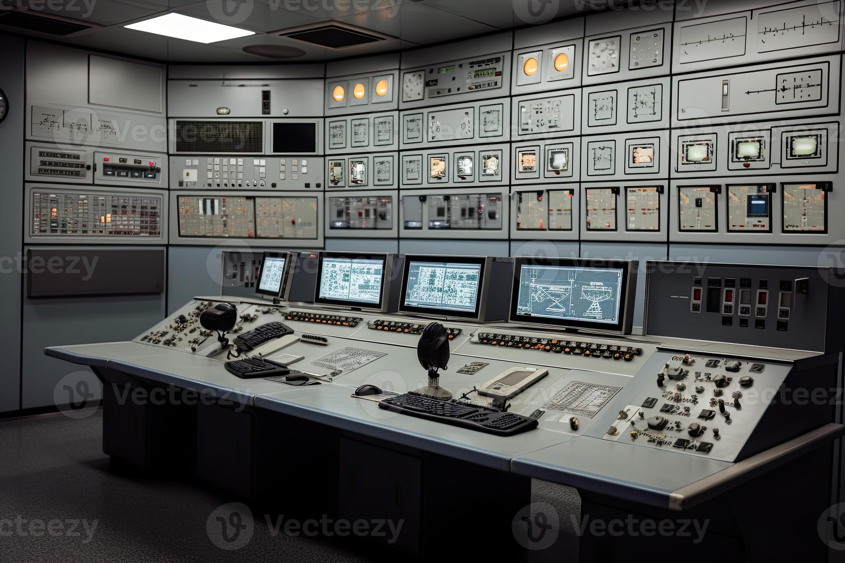 Central control panel. Operator workplace with a lot of screens and ...