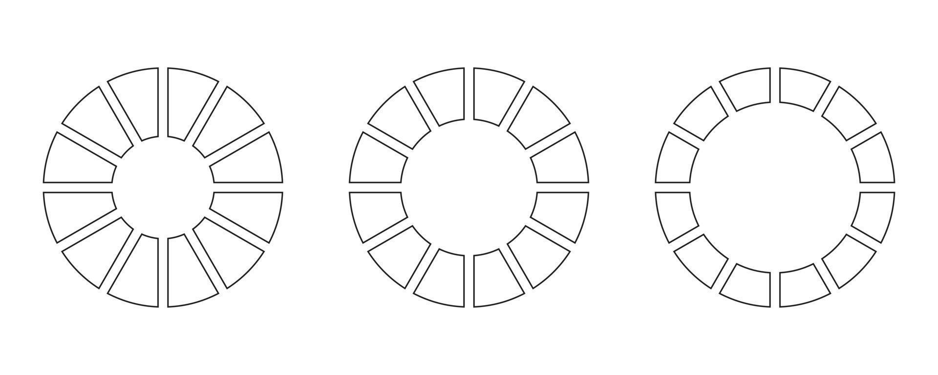 Wheels round divided in twelve sections. Diagrams infographic set. Circle section graph line art ...
