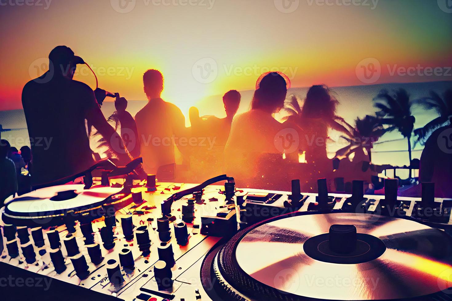 Dj mixing outdoor at beach party festival with crowd of people in background - Summer nightlife ...