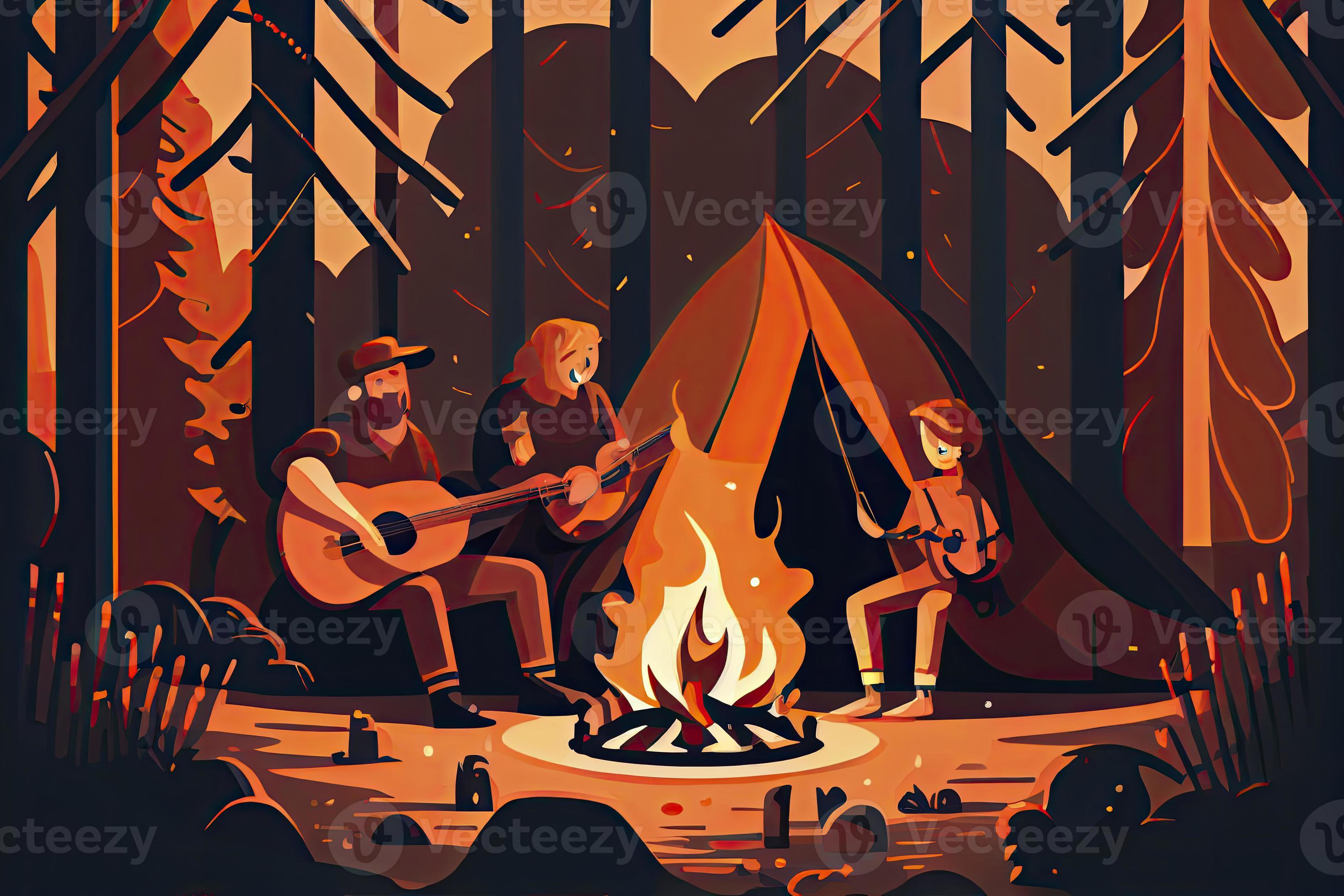 Happy family enjoying camping. Couple and kid playing guitar, singing ...