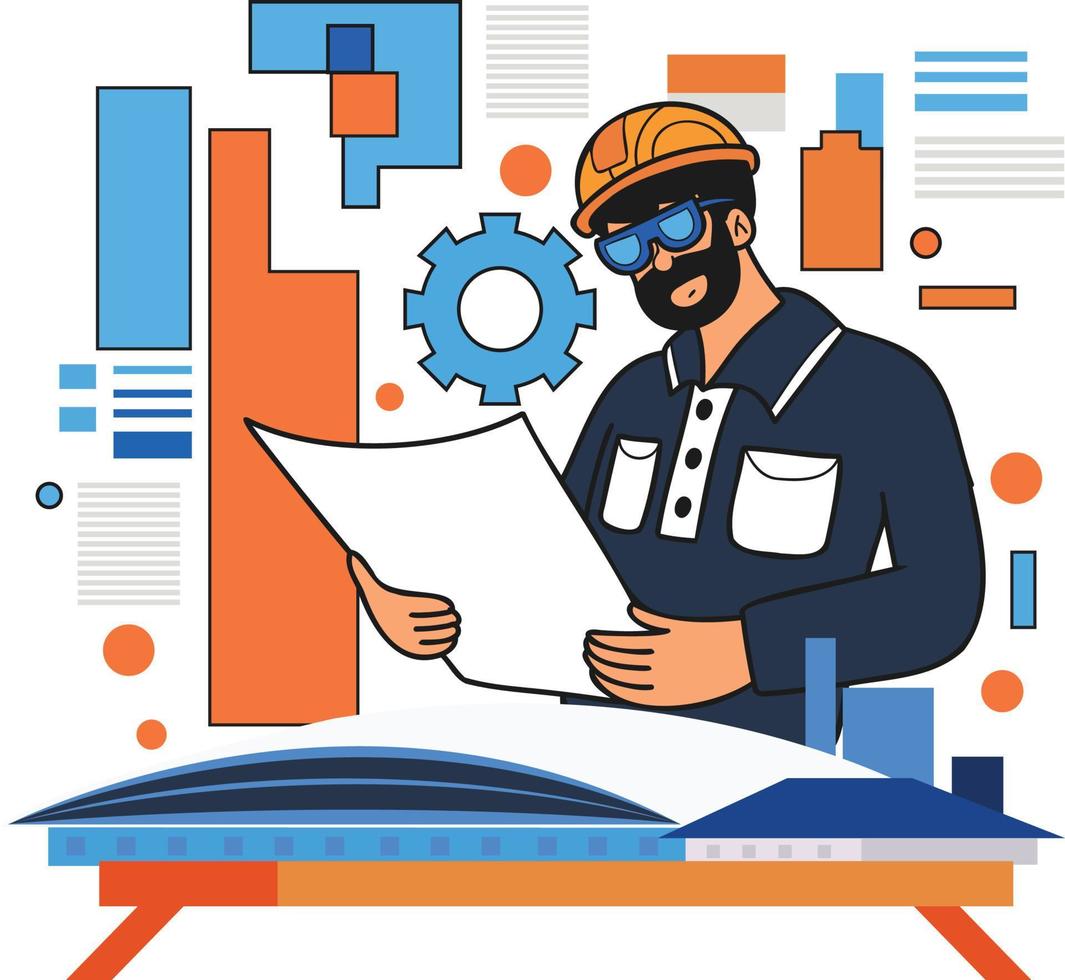 Male engineer creating blueprints and plans illustration in doodle ...