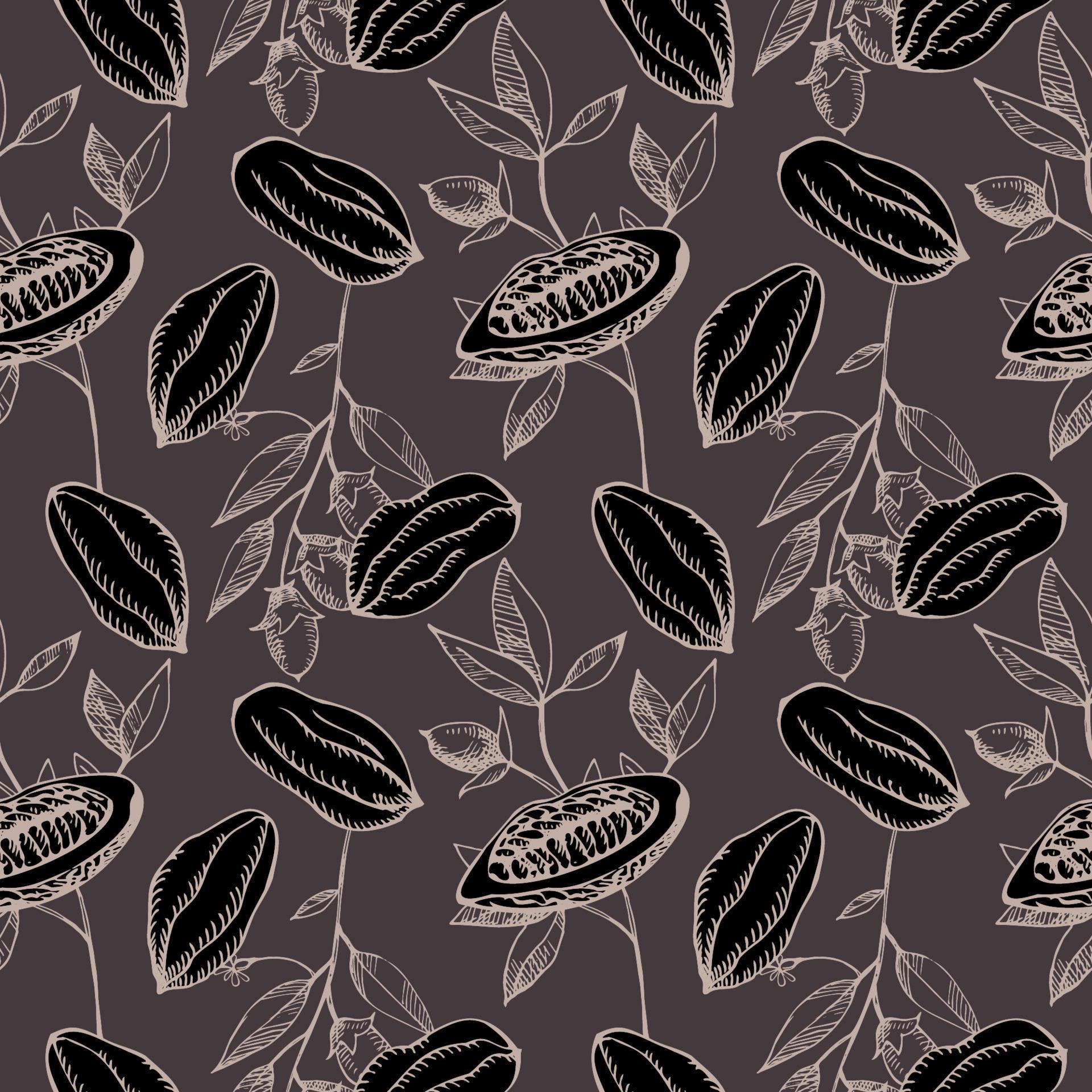 Seamless pattern with cocoa fruits and cocoa plant on a dark background. Lots of cocoa ...