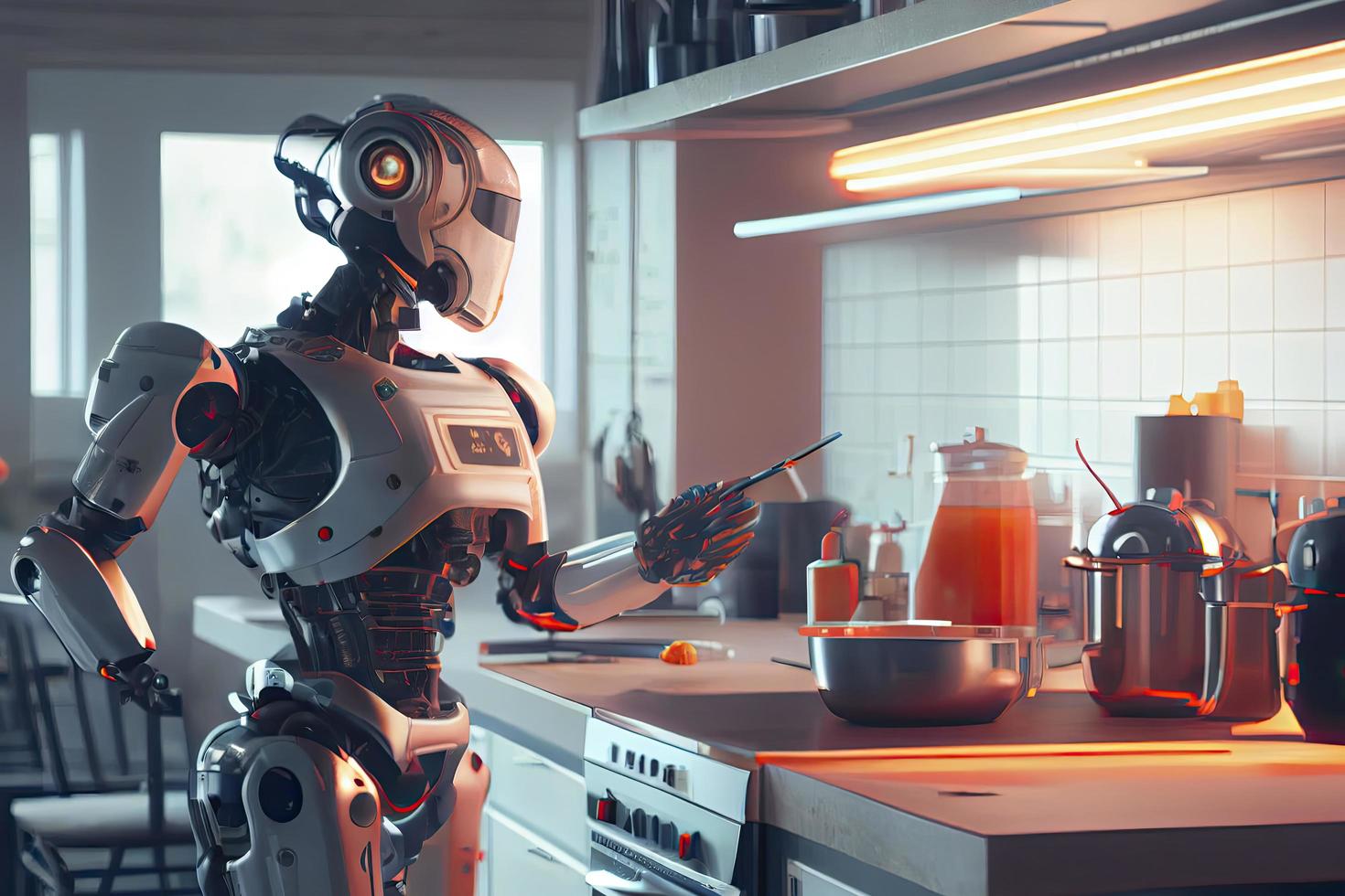 Robot chef cooking in kitchen of future home genius, smart robot ... Robot chef cooking in kitchen of future home genius, smart robot ...