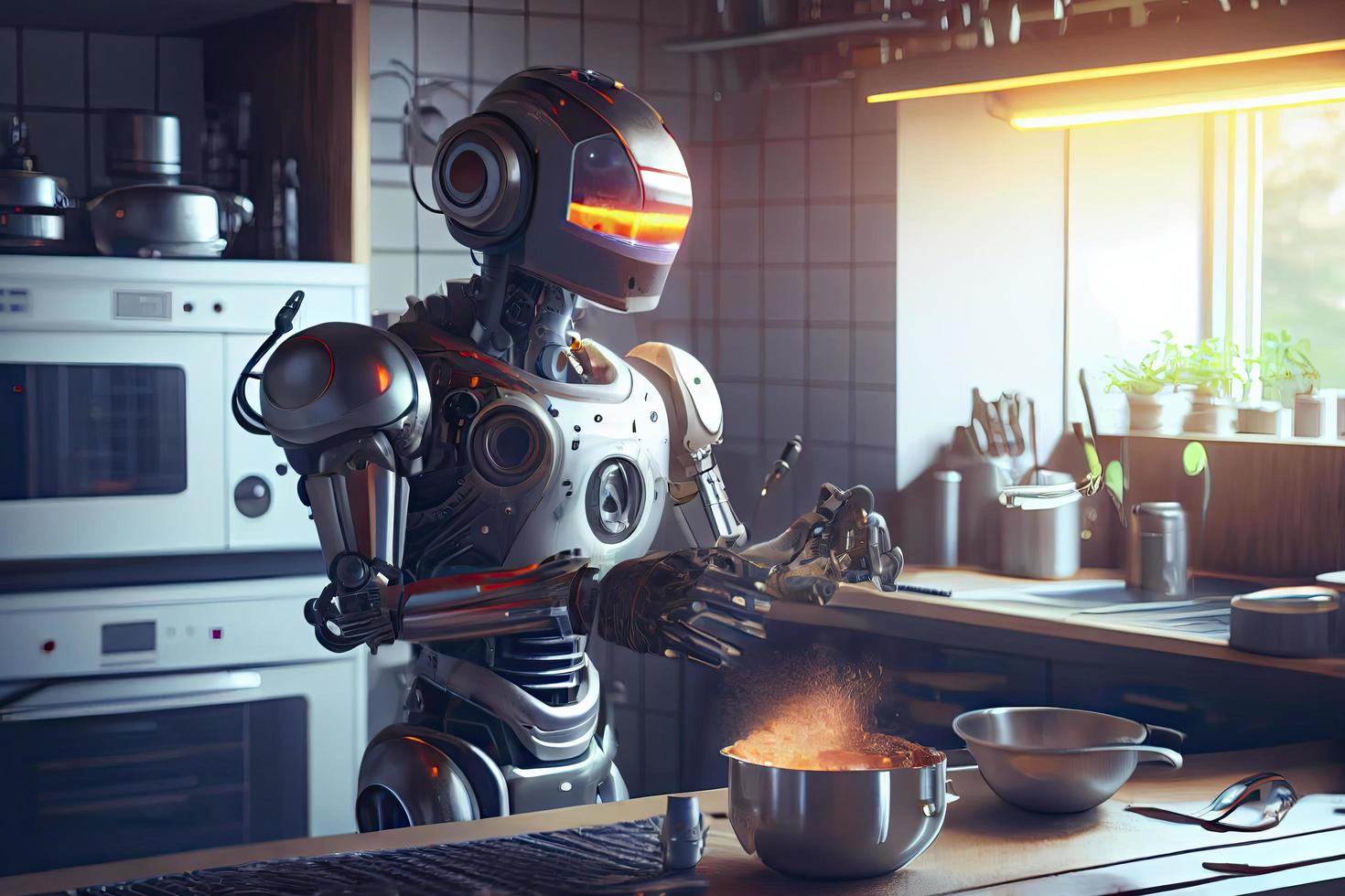 Robot chef cooking in kitchen of future home genius, smart robot ... Robot chef cooking in kitchen of future home genius, smart robot ...