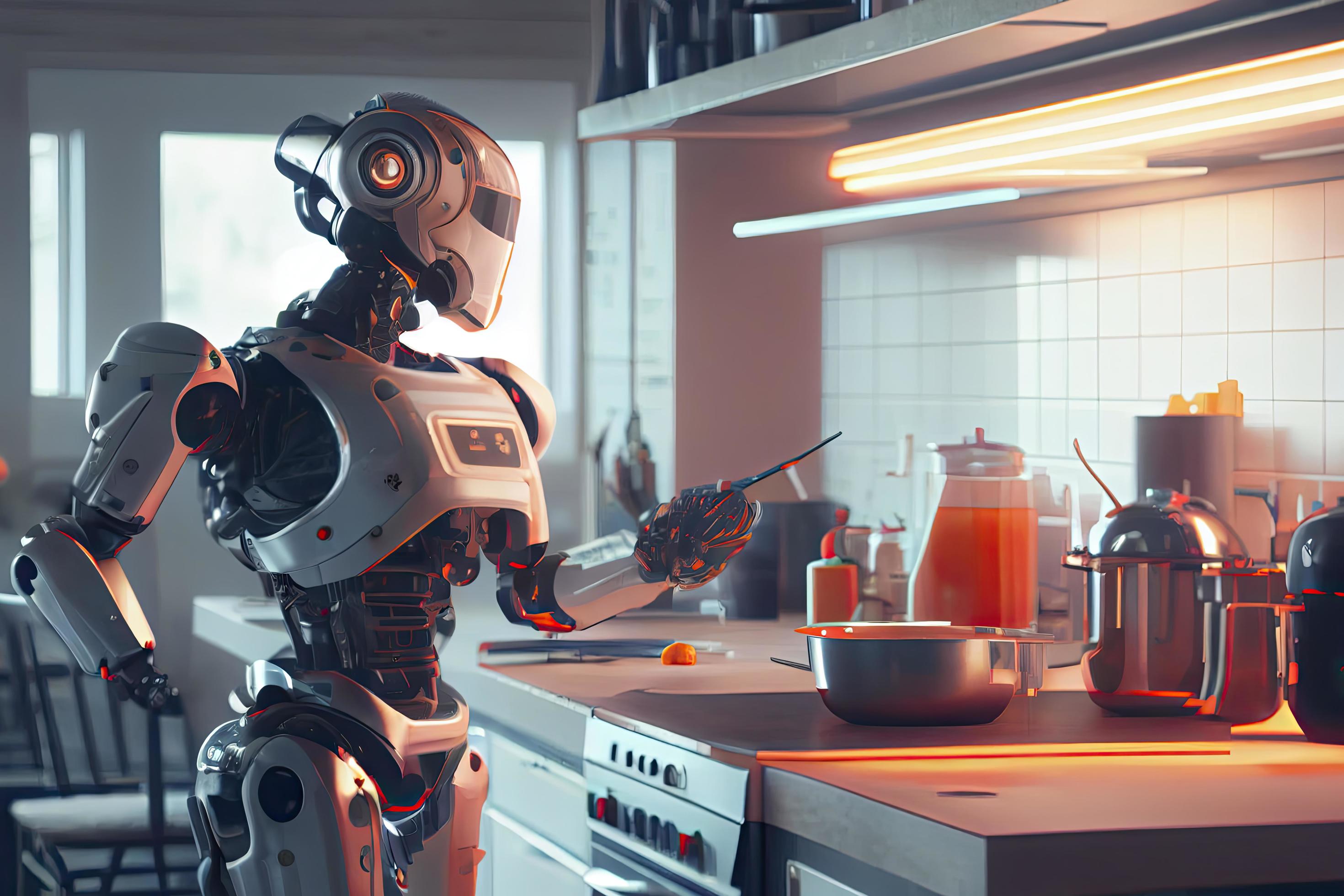 Robot chef cooking in kitchen of future home genius, smart robot ... Robot chef cooking in kitchen of future home genius, smart robot ...
