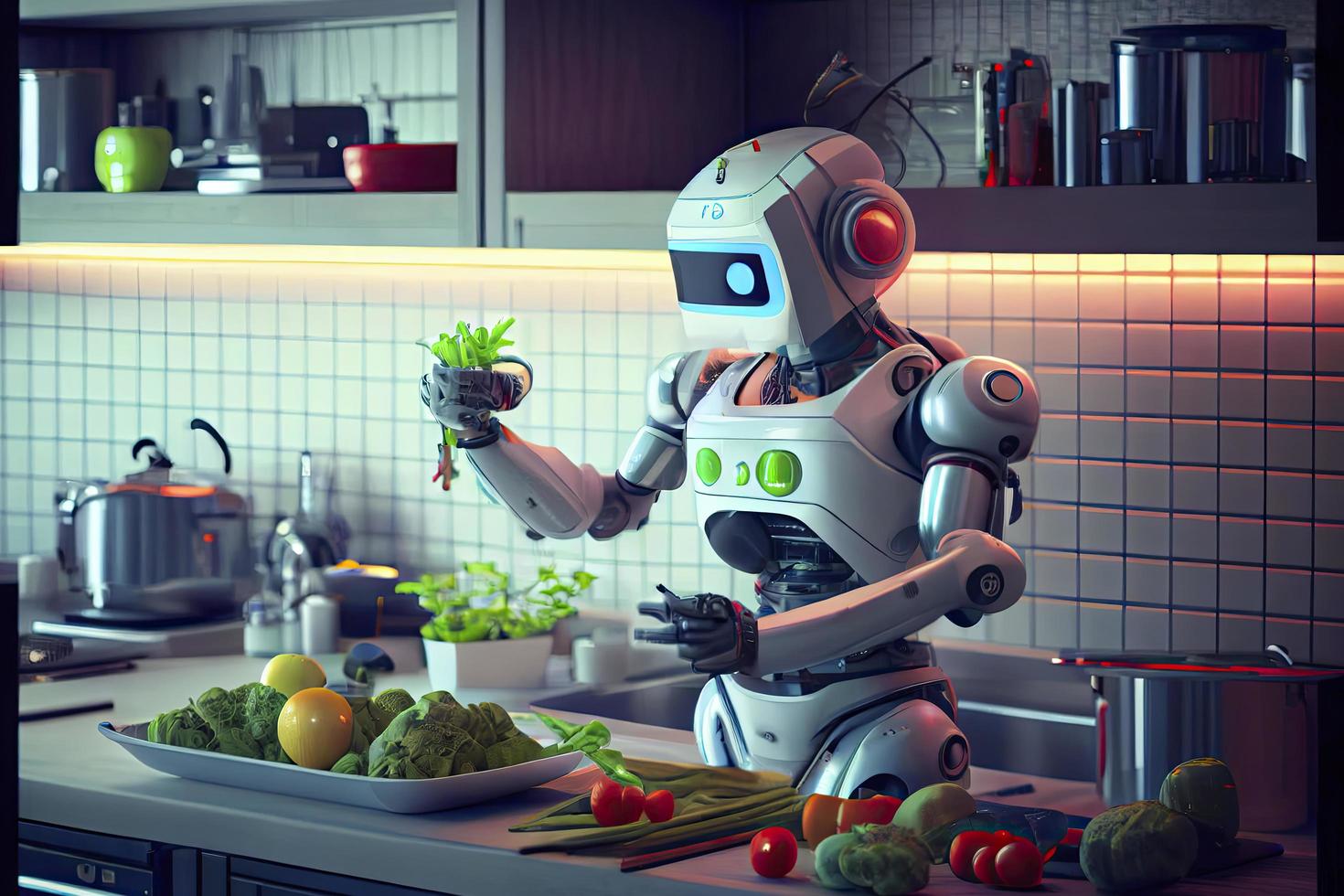 Robot chef cooking in kitchen of future home genius, smart robot ... Robot chef cooking in kitchen of future home genius, smart robot ...