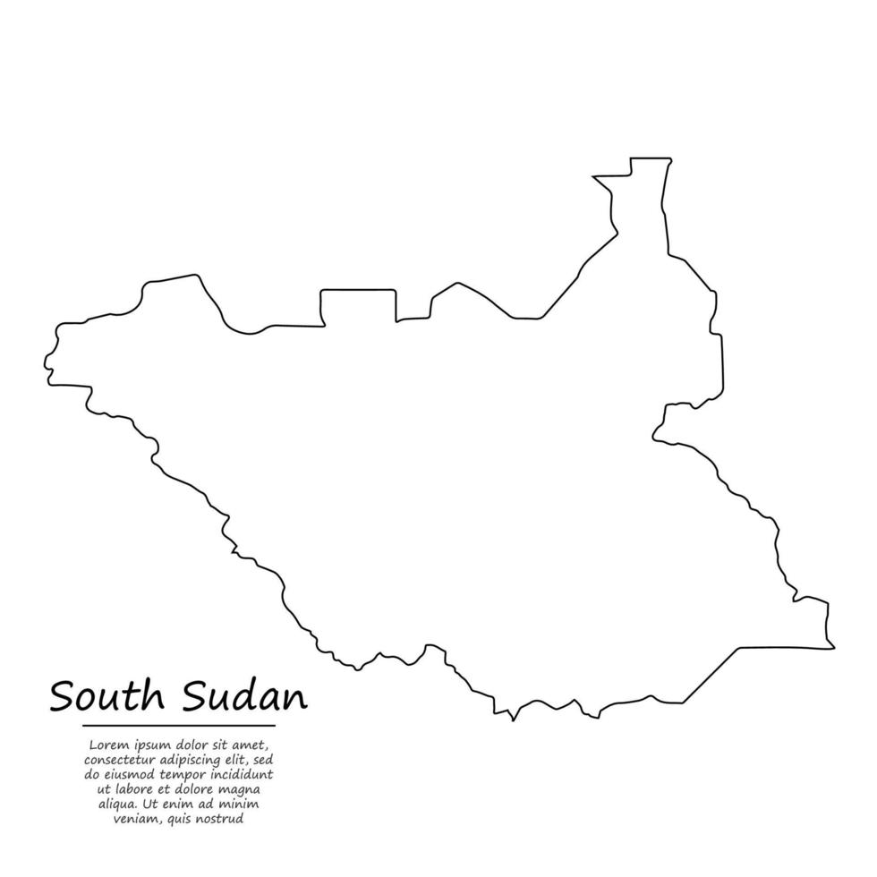 Simple outline map of South Sudan, silhouette in sketch line sty ...