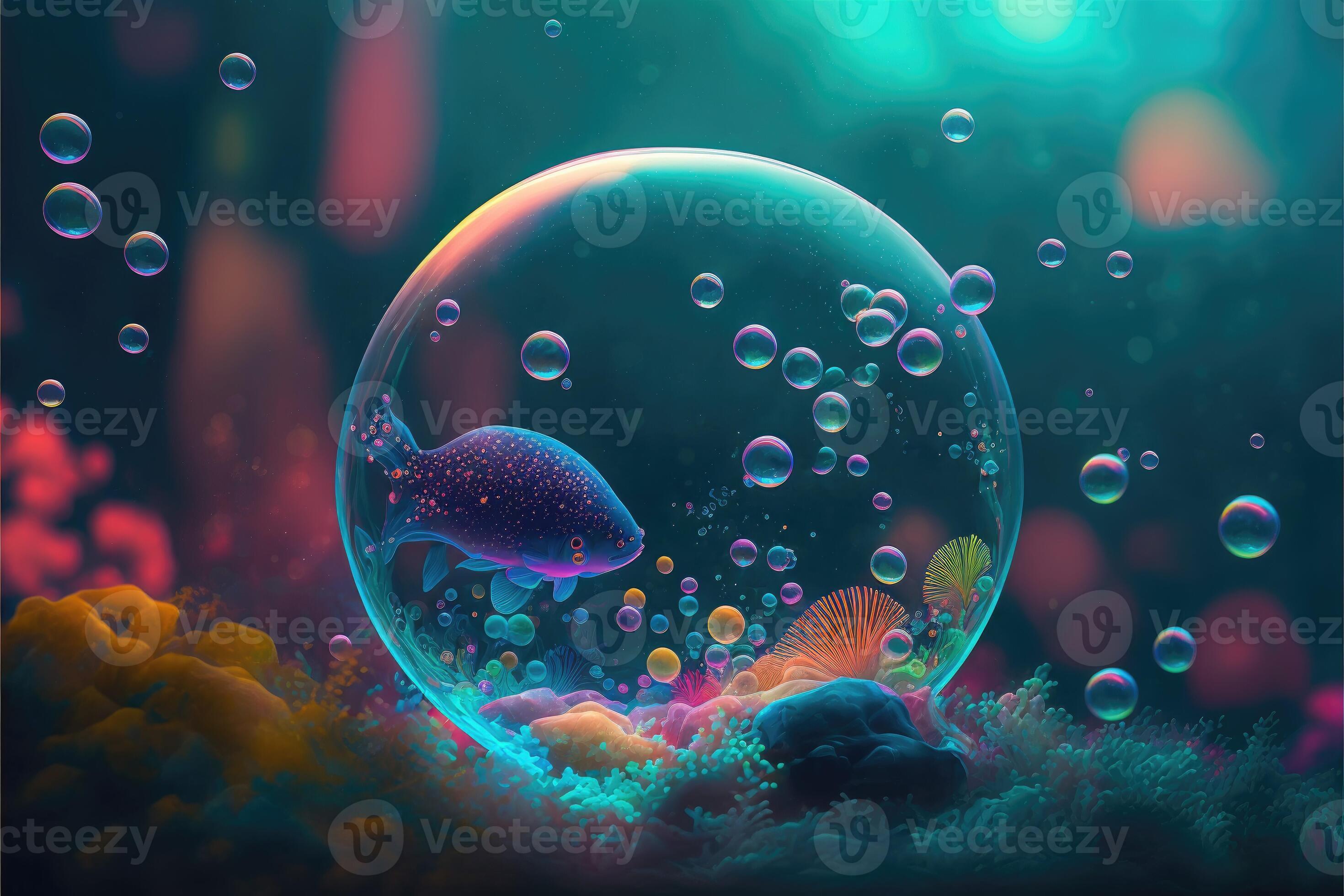 AI Generated Colorful bubble coral seaweed and neon fish underwater world. Fantasy fluorescent ...