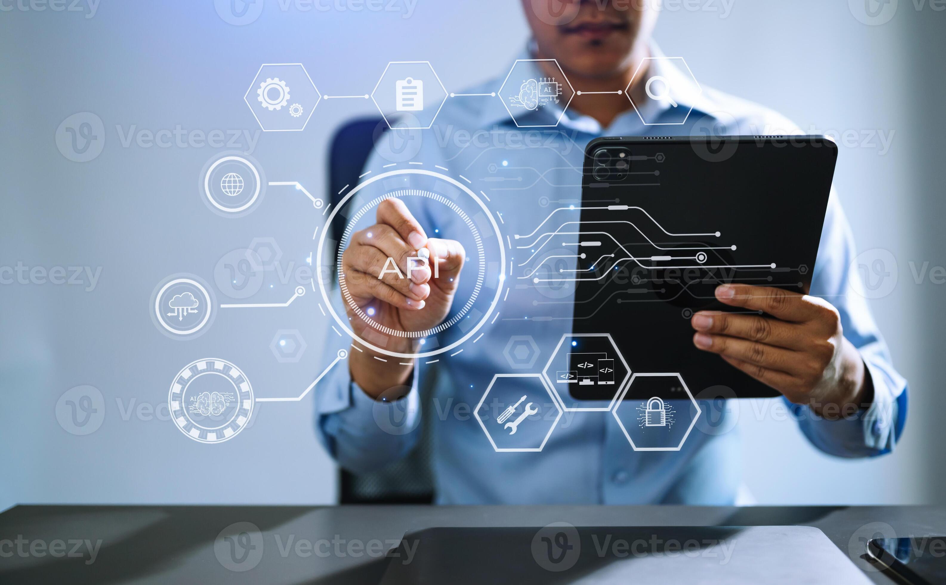 API Application Programming Interface, woman using laptop, tablet and ...