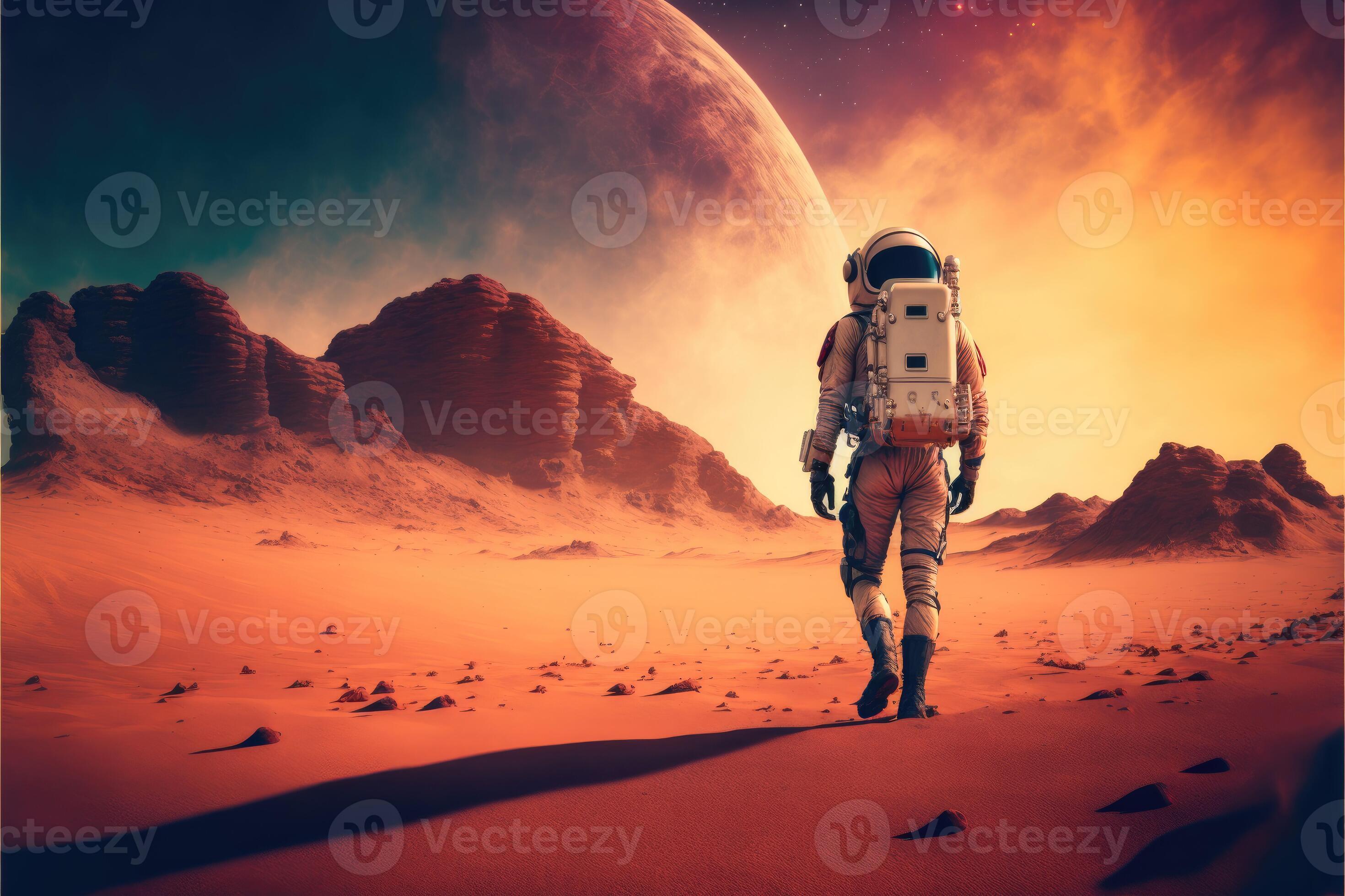 Astronaut Walking Across Desert On Mars Planet Abstract Background