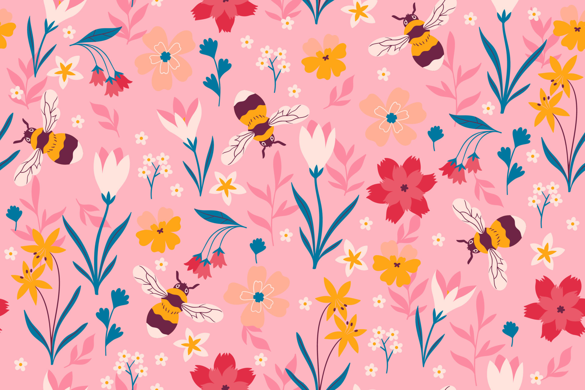 Seamless pattern with bumblebees and meadow spring flowers on a pink ...