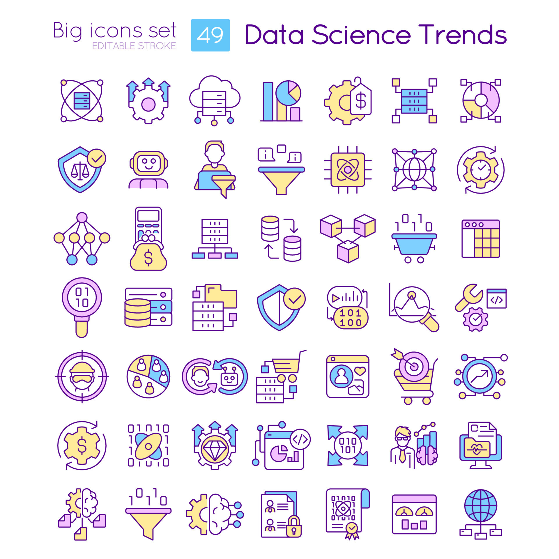 Data science trends RGB color icons set. Information analytics ...