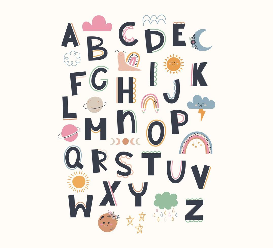 Cute hand draw alphabet in boho style. Cartoon doodle clipart elements ...